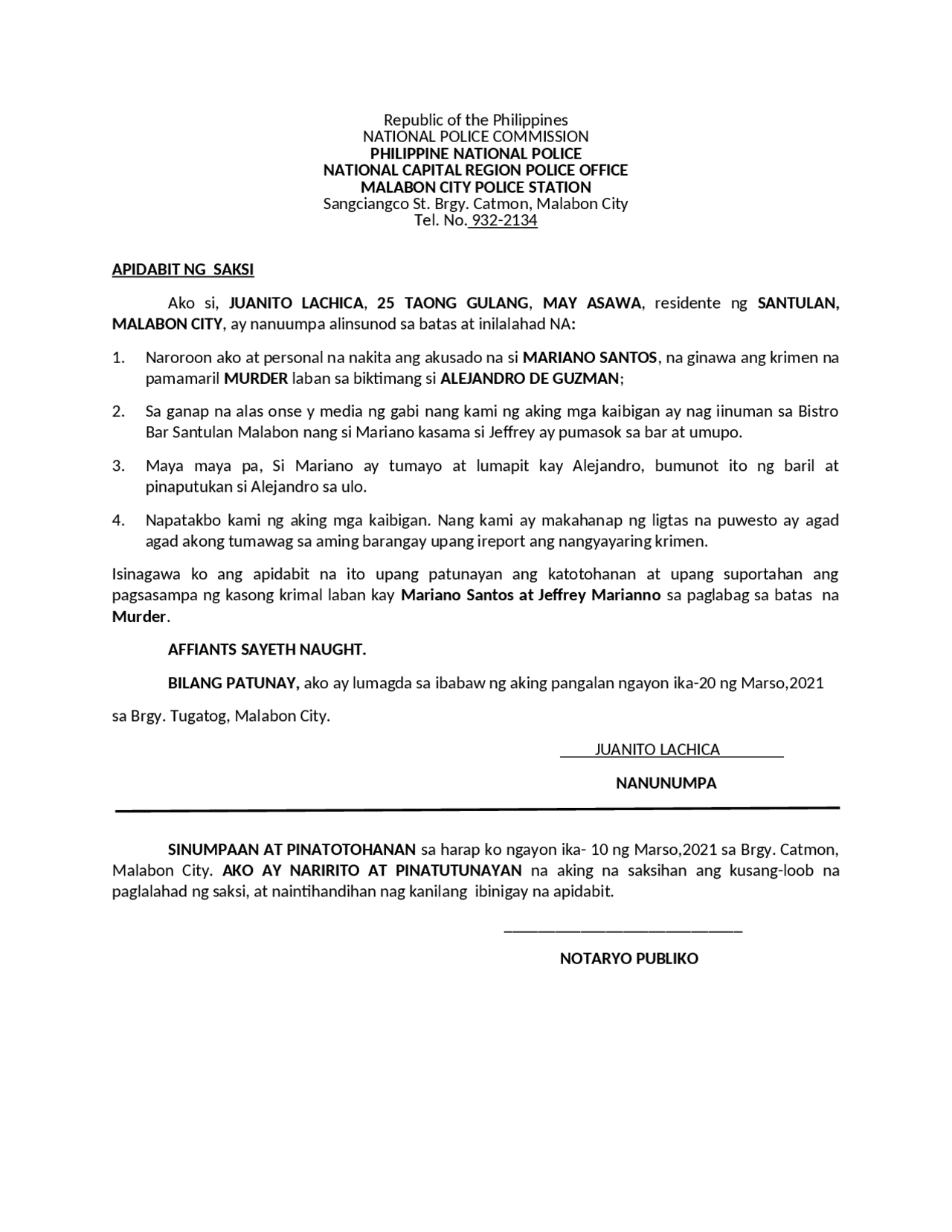 Affidavit of Witness for Police Spot Report - Docsity
