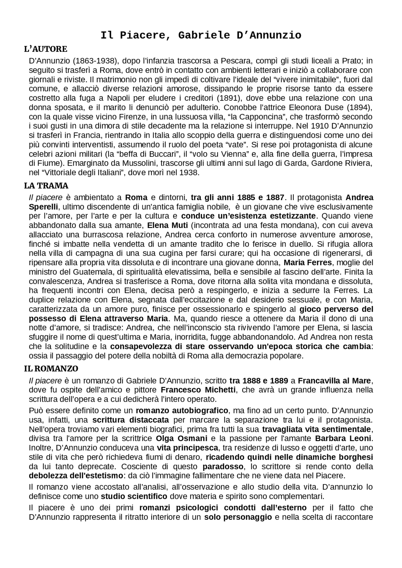 Riassunto Il Piacere Di Gabriele Dannunzio Docsity
