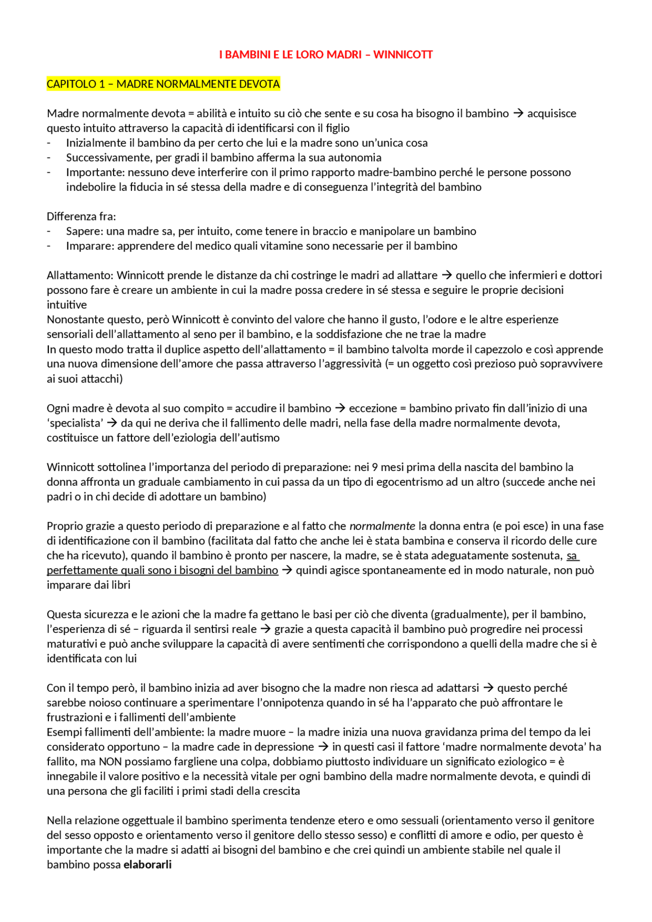I Bambini E Le Loro Madri Winnicott Docsity