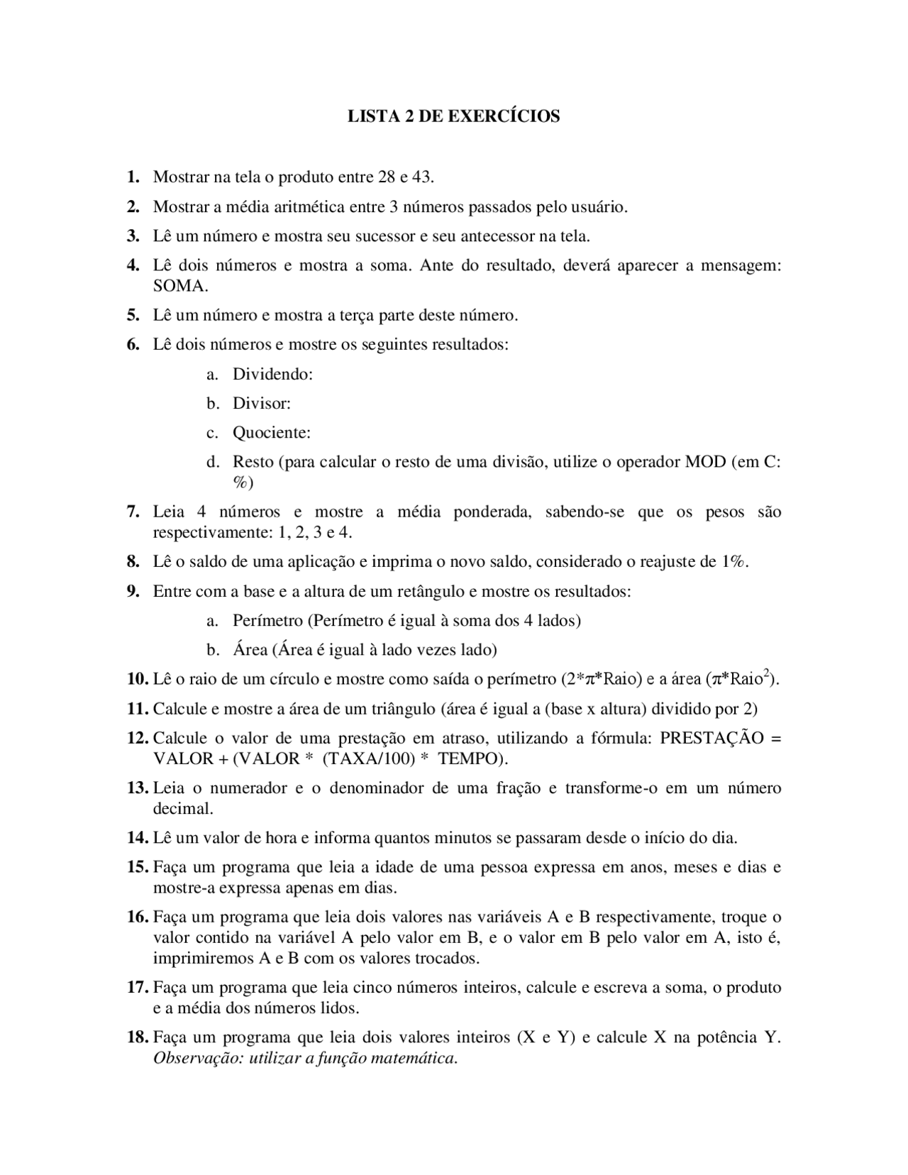 Lista De Exercícios De Programação Em Linguagem De C Docsity