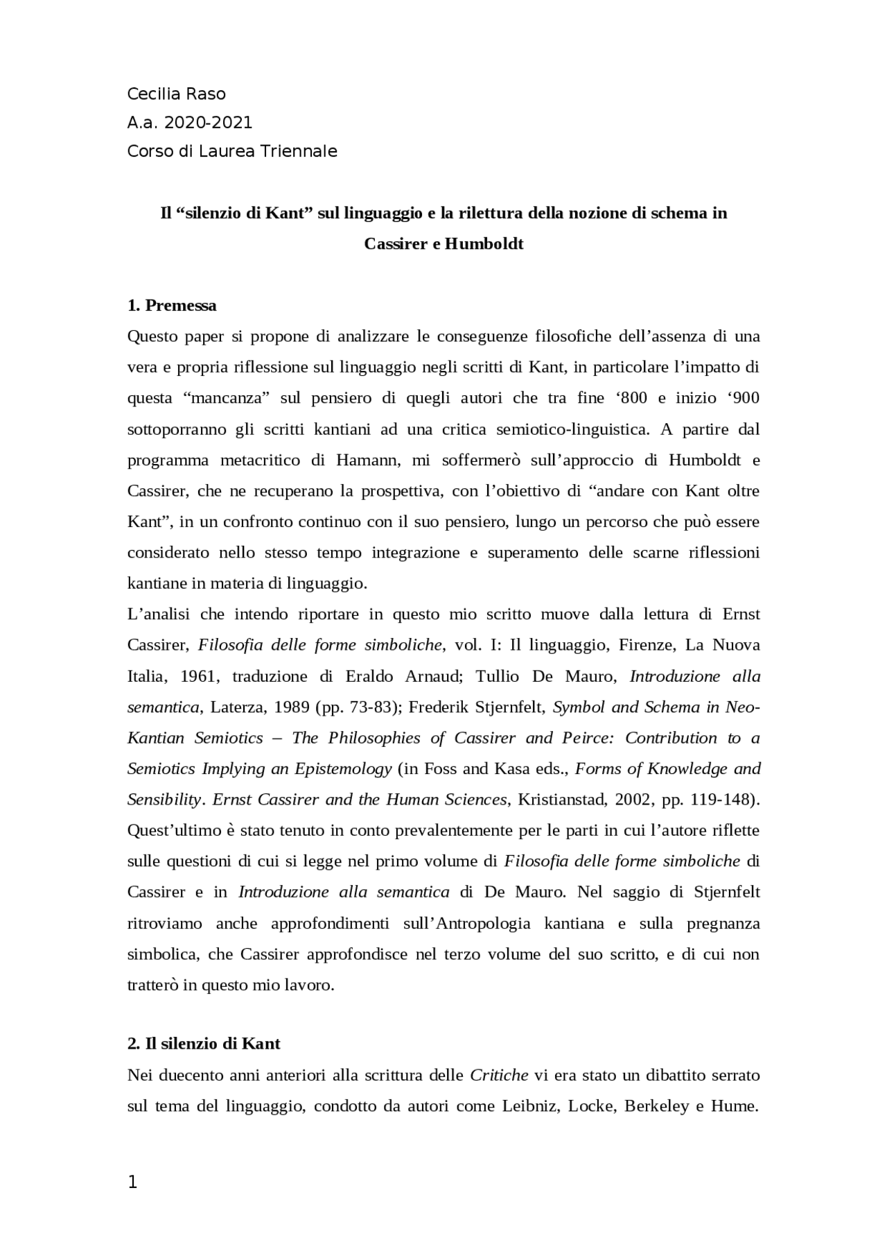 Il Silenzio Di Kant” Sul Linguaggio E Lo Schema In Cassirer E Humboldt