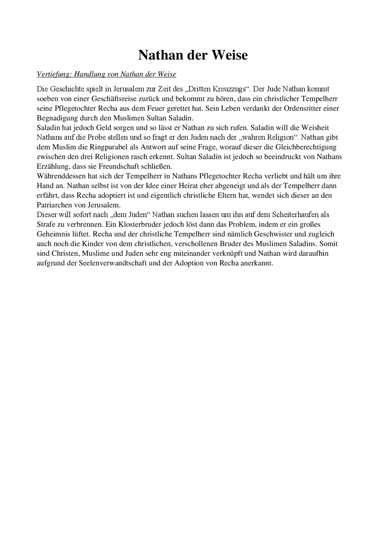 Nathan Der Weise Lessing Riassunto In Tedesco Docsity