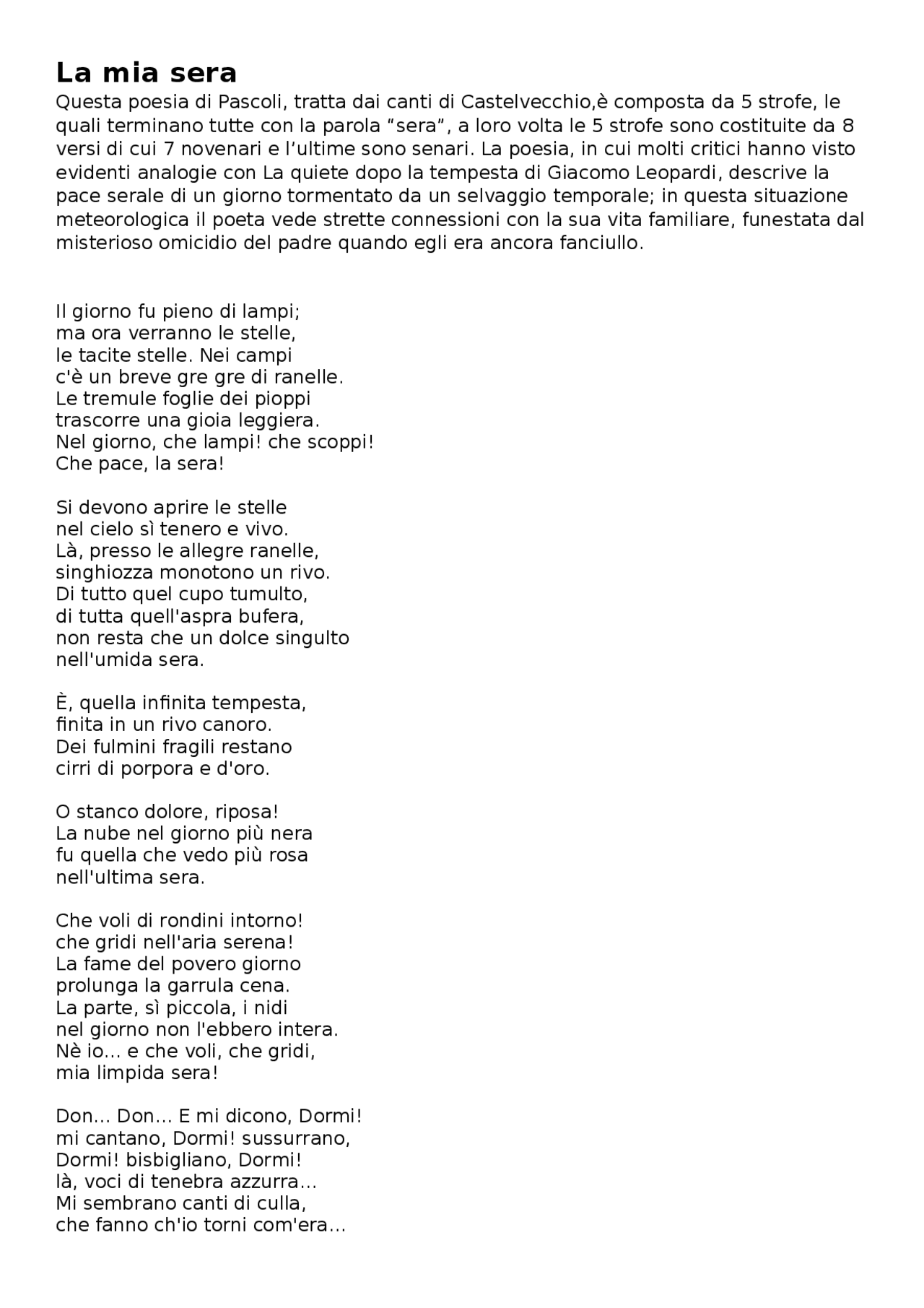 Pascoli, La mia sera | Appunti di Letteratura Italiana - Docsity