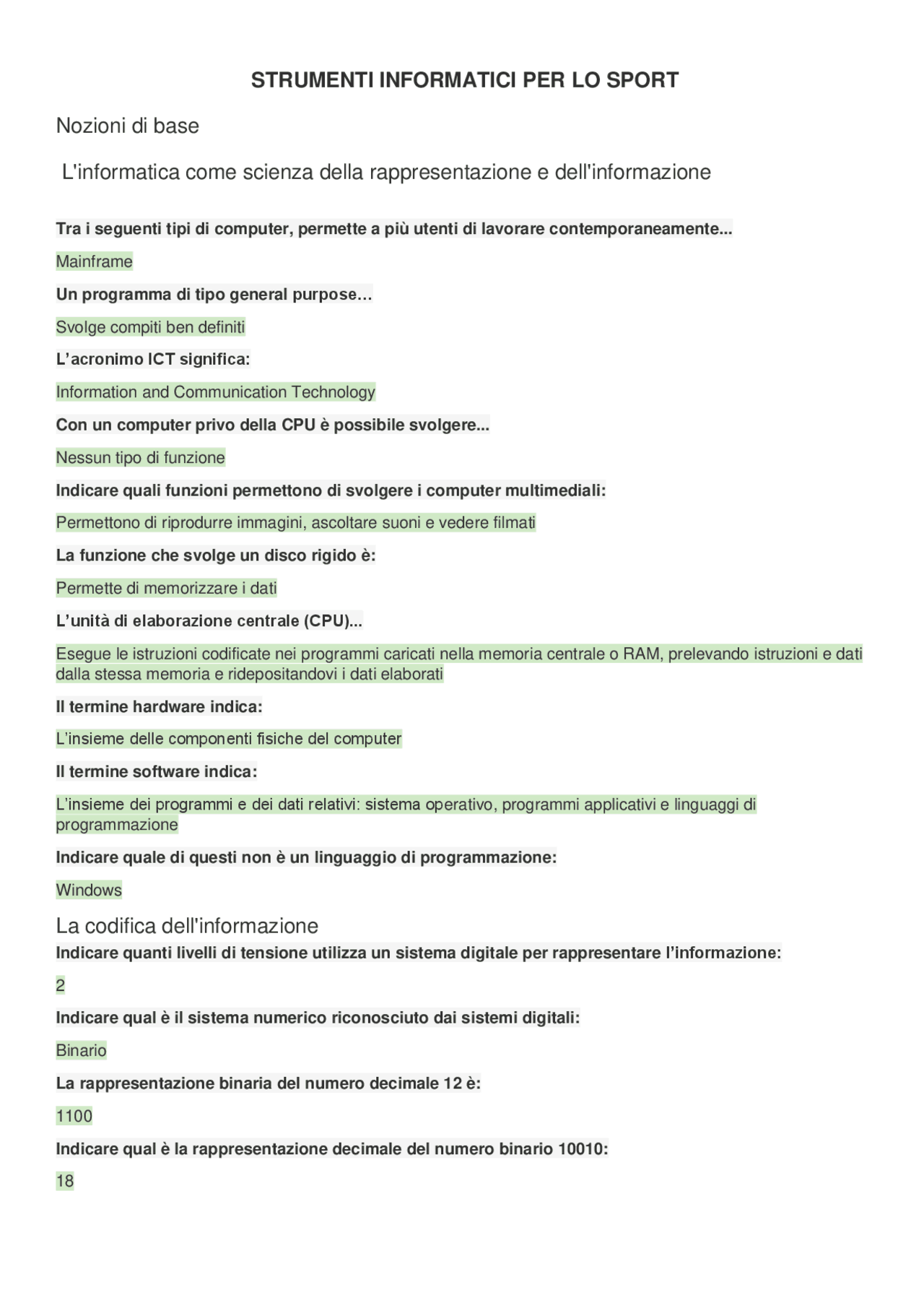 Strumenti Informatici Per Lo Sport Docsity