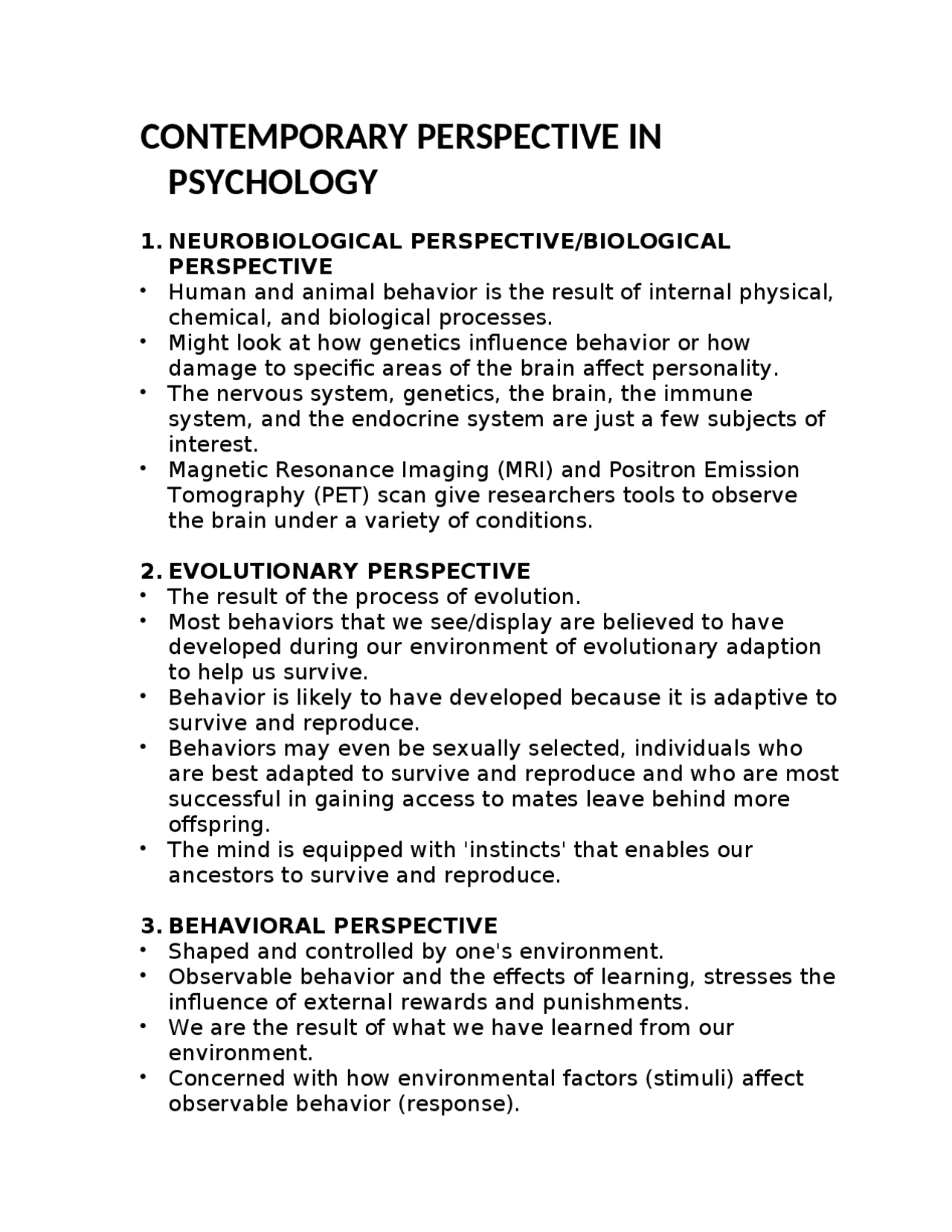 CONTEMPORARY PERSPECTIVE IN PSYCHOLOGY - Docsity