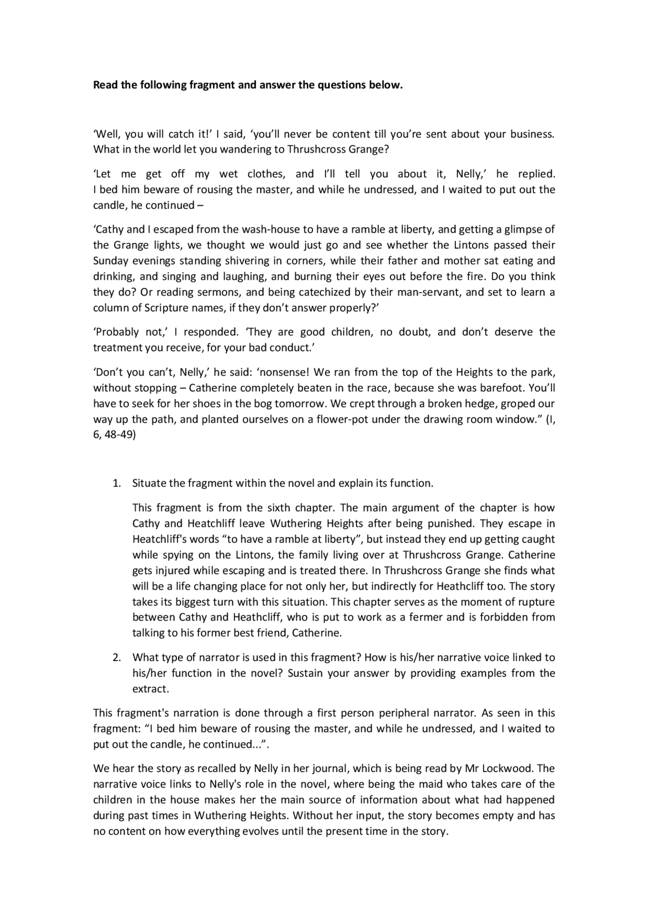 Wuthering Heights Exam | Exámenes de Literatura inglesa | Docsity