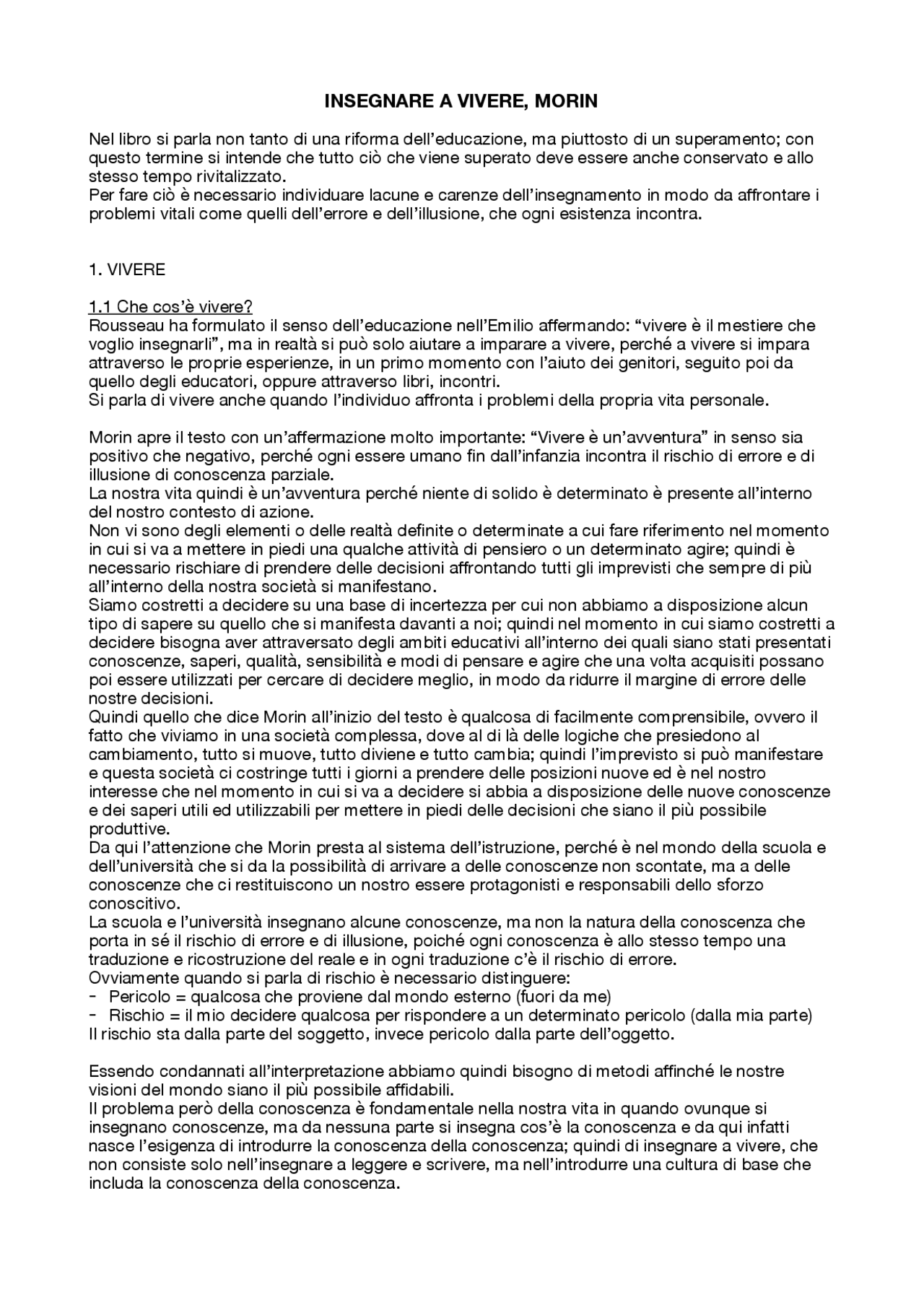 Sintesi Del Libro Insegnare A Vivere Docsity