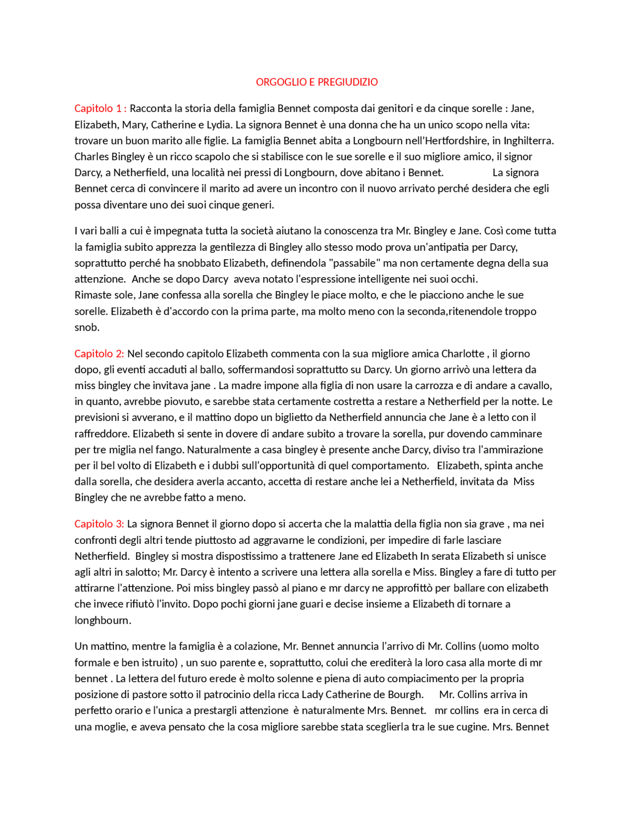 Orgoglio E Pregiudizio Riassunto Italianoinglese Docsity