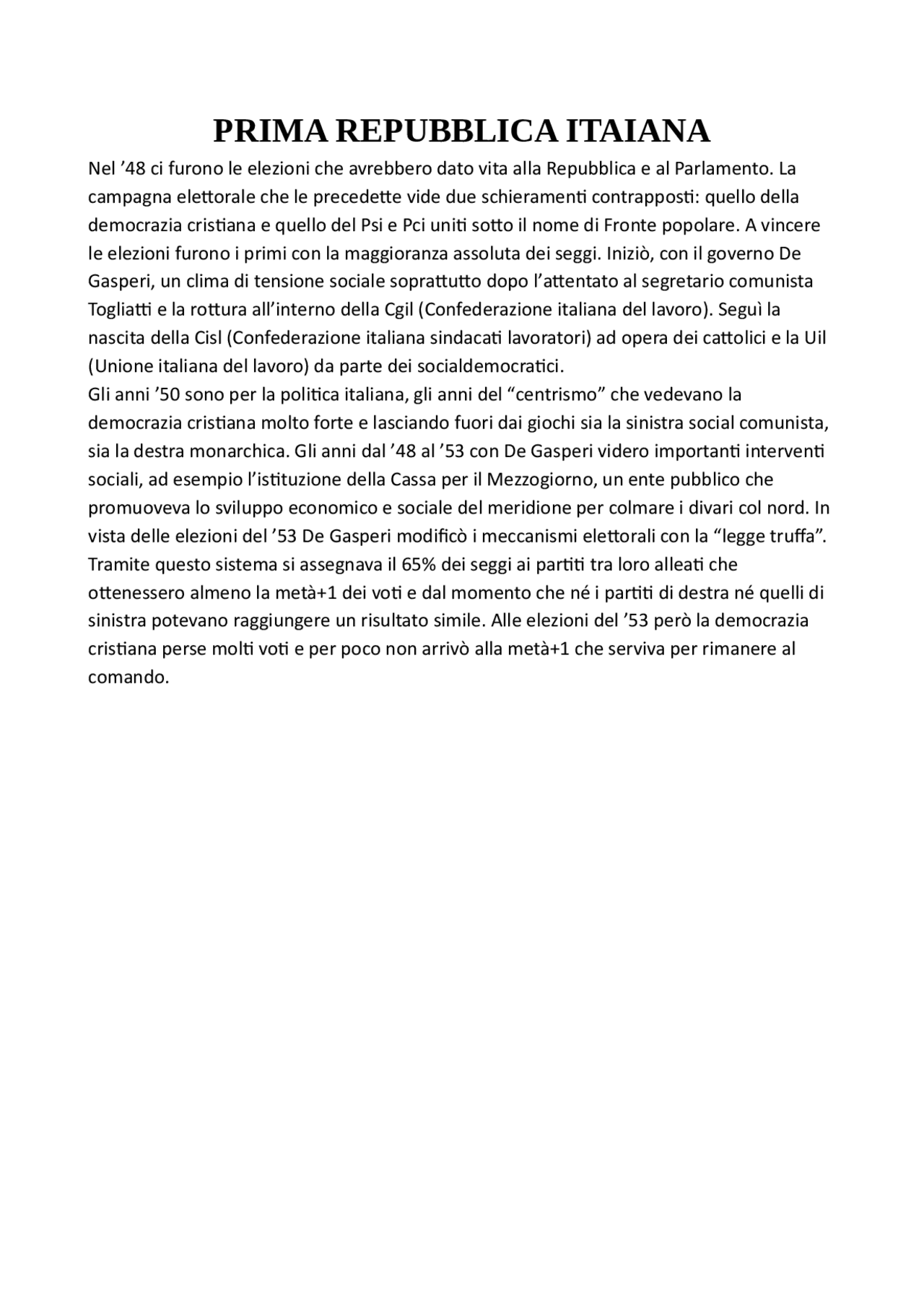 Storia - La prima repubblica italiana - Docsity