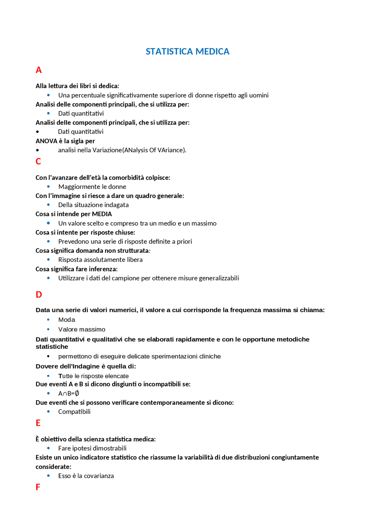 Statistica Medica Lm 47 Prove Desame Di Statistica Medica Docsity
