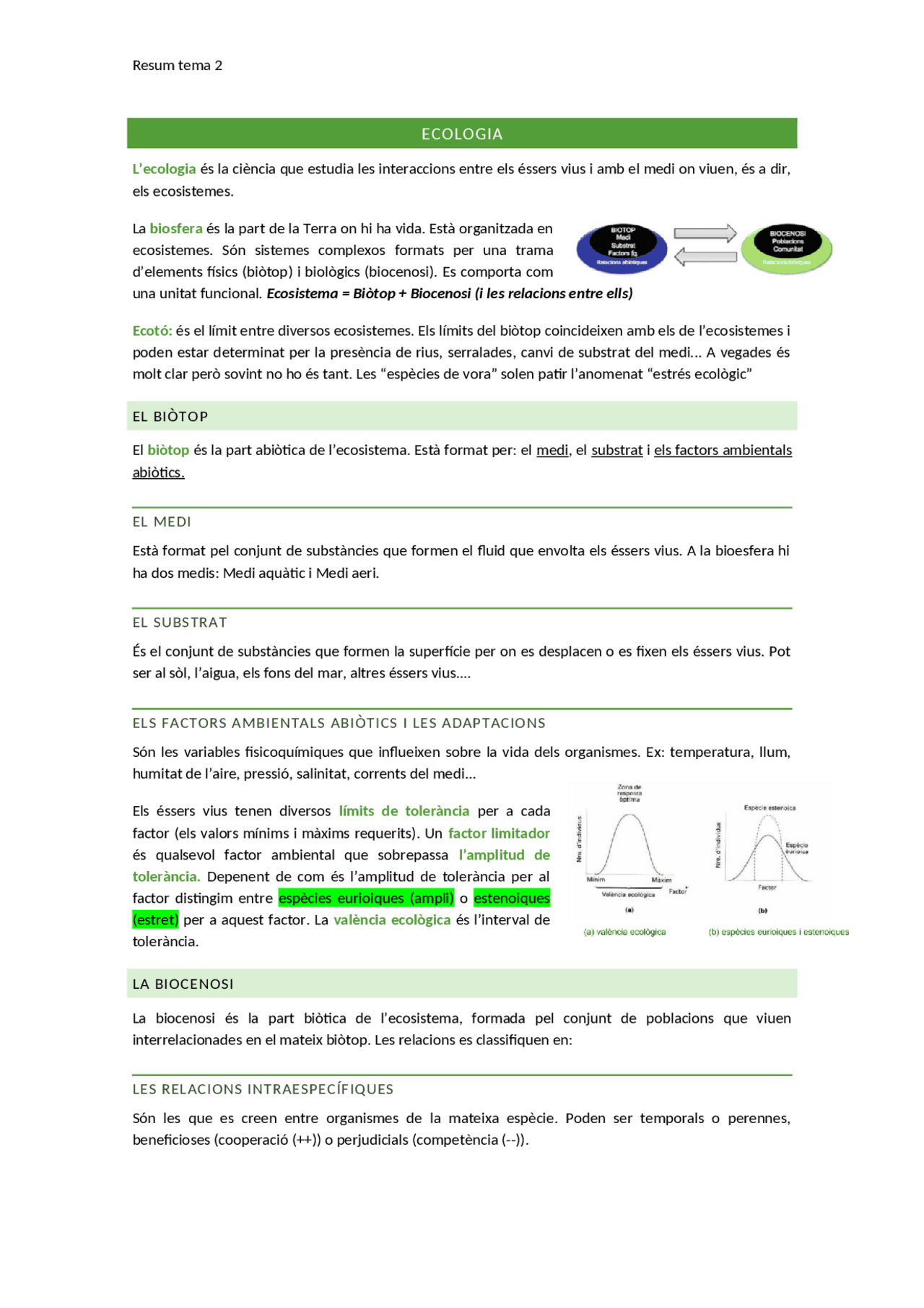 Resum Ecologia Biologia Selectivitat Resúmenes De Biología Docsity