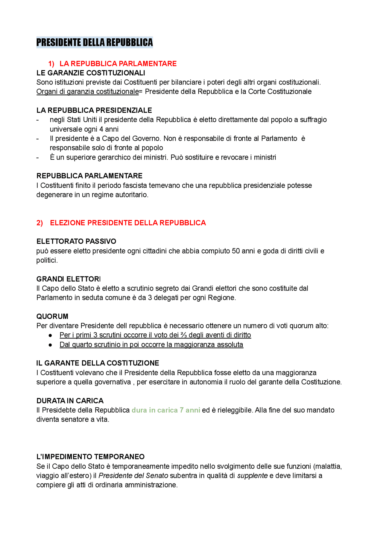 Presidente Della Repubblica Appunti Di Diritto Docsity