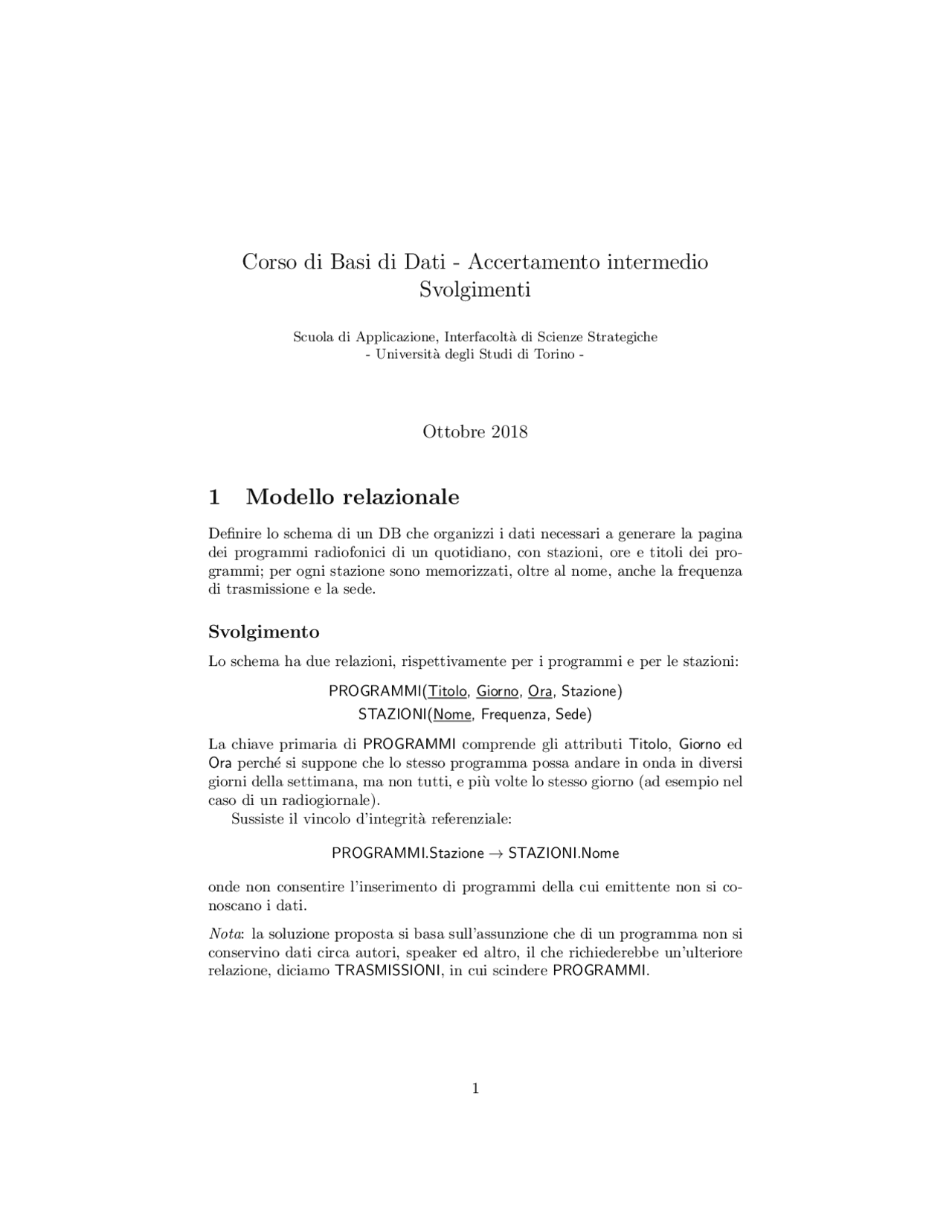 Base Di Dati Scienze Strategiche Esercitazione Docsity