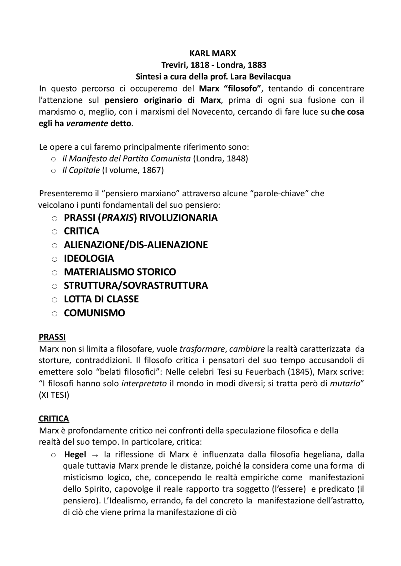Riassunto Marx In 5 Pagine Docsity