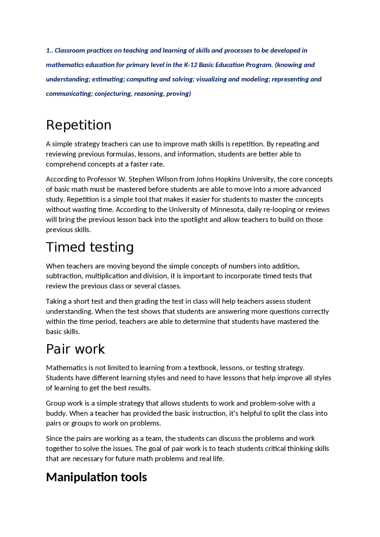 Classroom Practices To Be Developed In Teaching Math Docsity