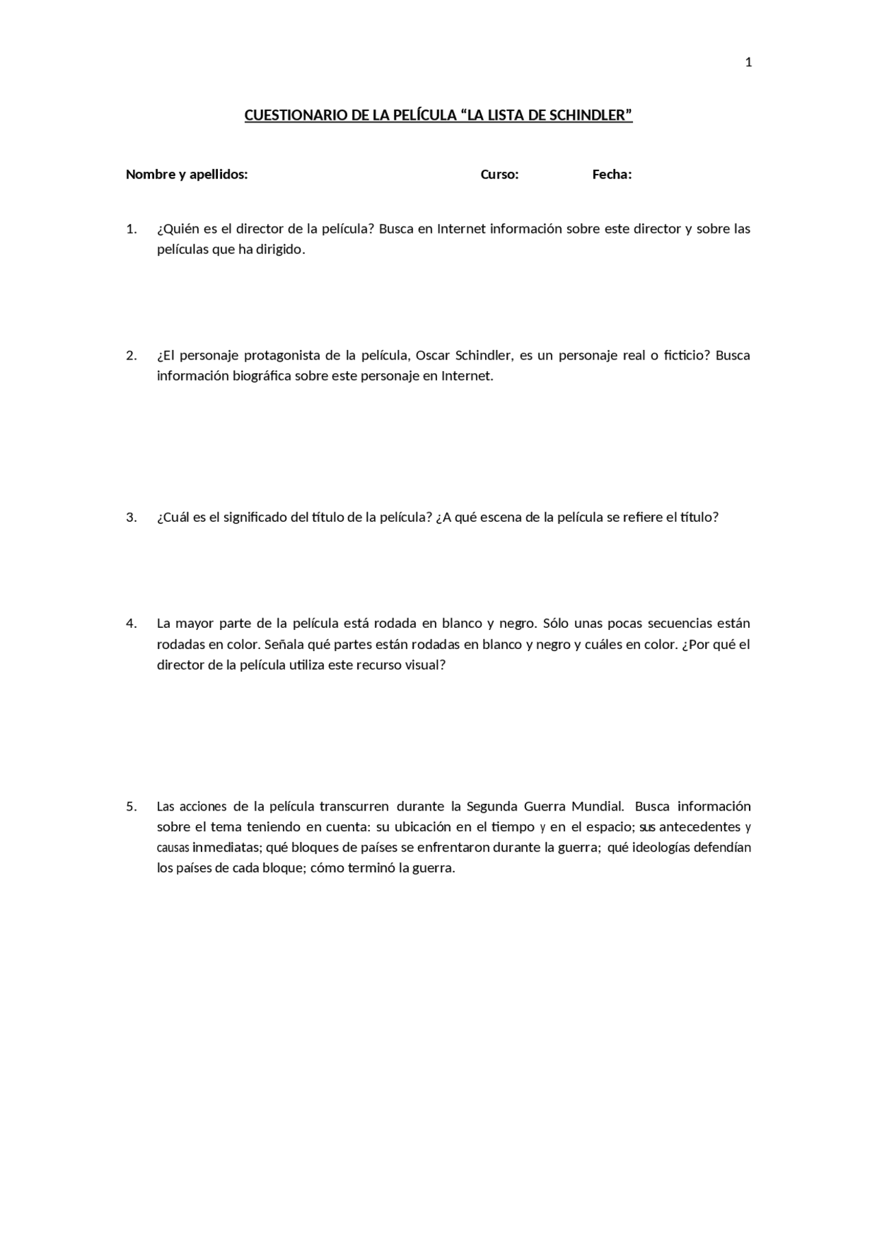 PREGUNTAS SOBRE LA PELICULA | Ejercicios de Religión | Docsity