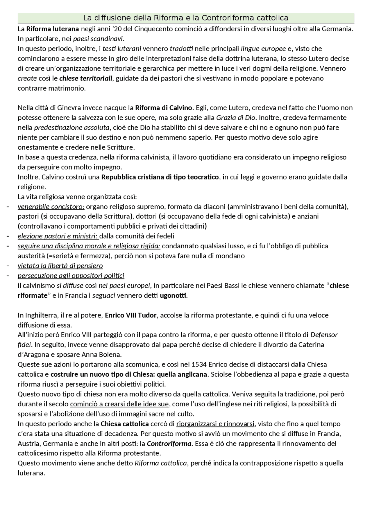 La Diffusione Della Riforma E Controriforma Sintesi Del Corso Di