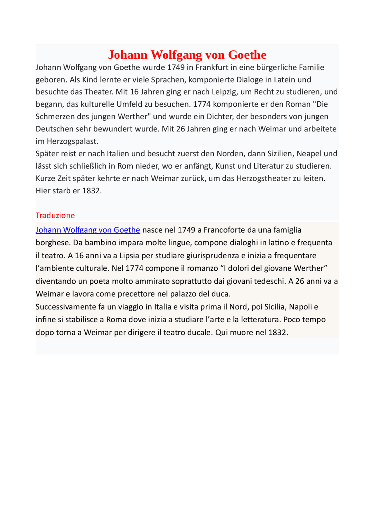 Tedesco - Johann Wolfgang von Goethe - Docsity