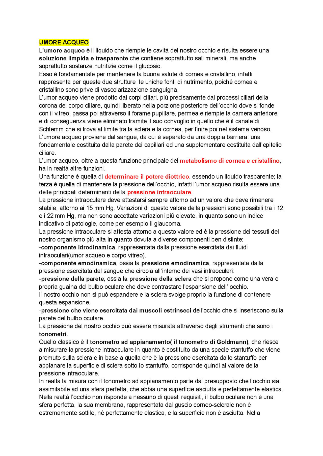 Umor acqueo, corpo vitreo e glaucoma - Docsity