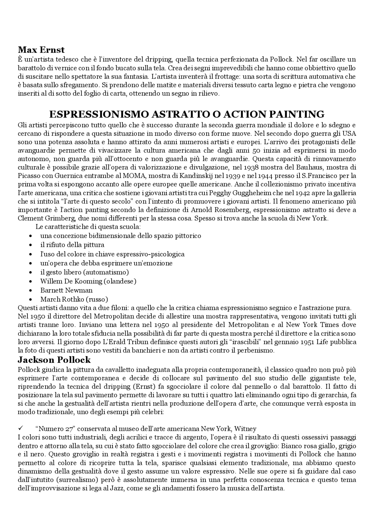 L'espressionismo astratto o action painting - Docsity