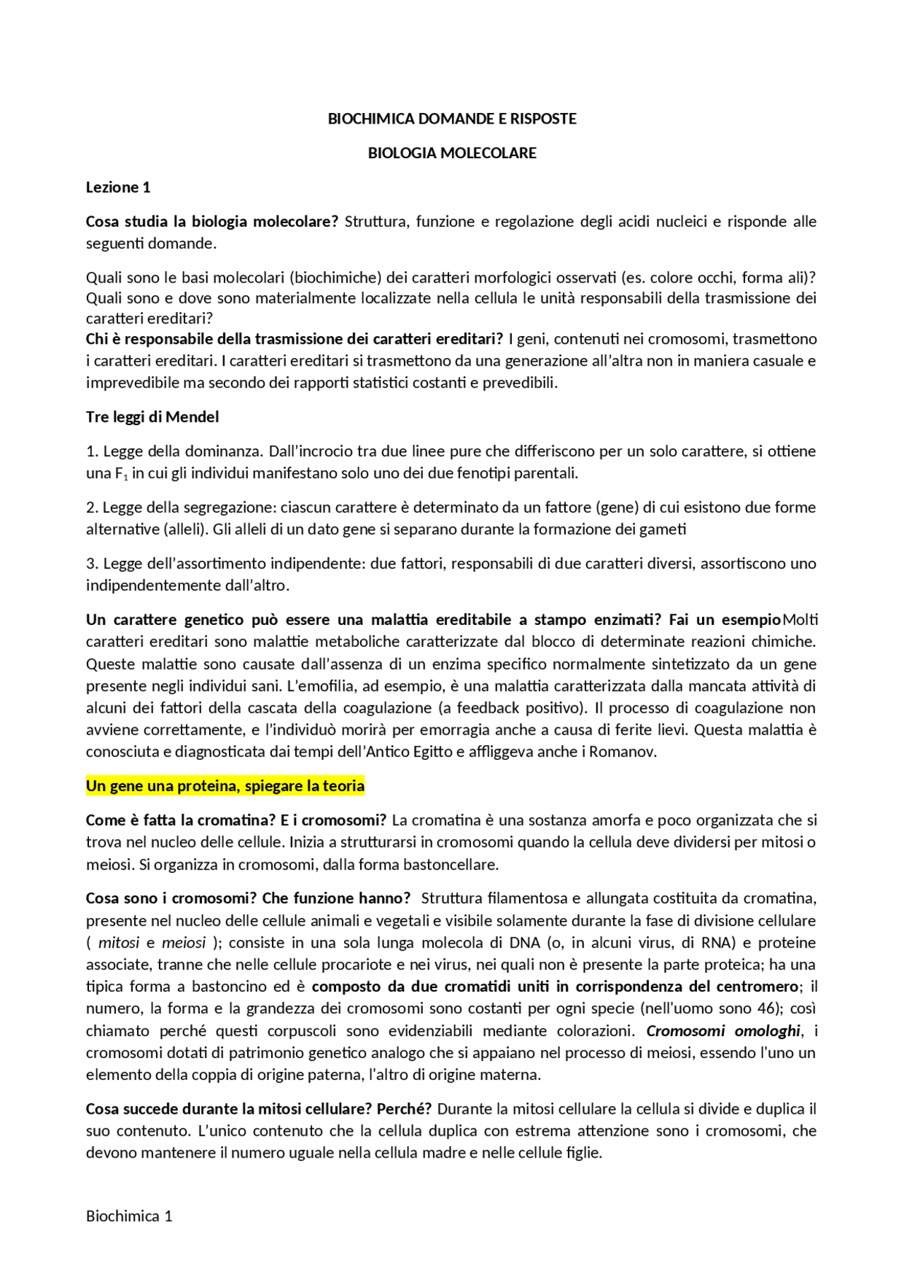 Biochimica Molecolare Docsity