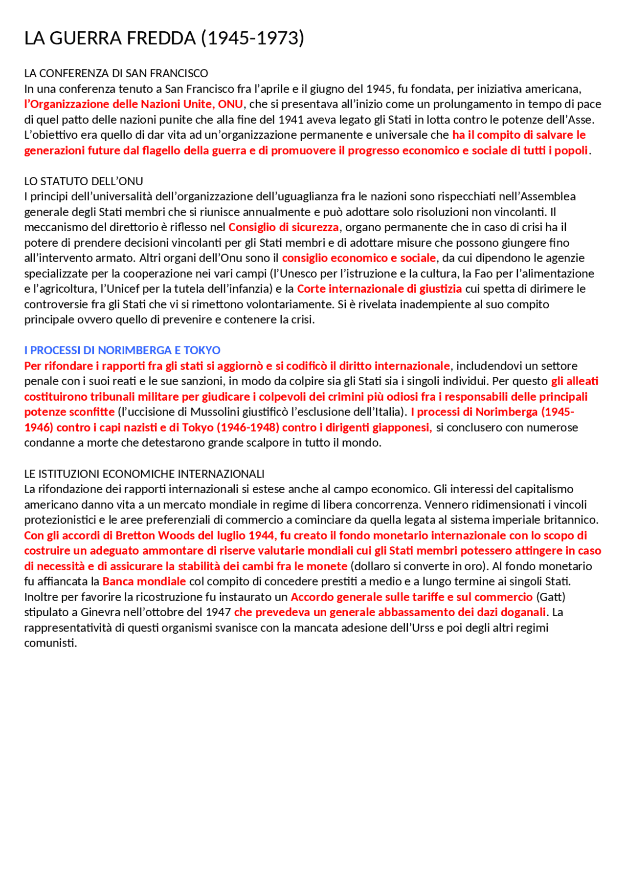 Sintesi Guerra Fredda Docsity