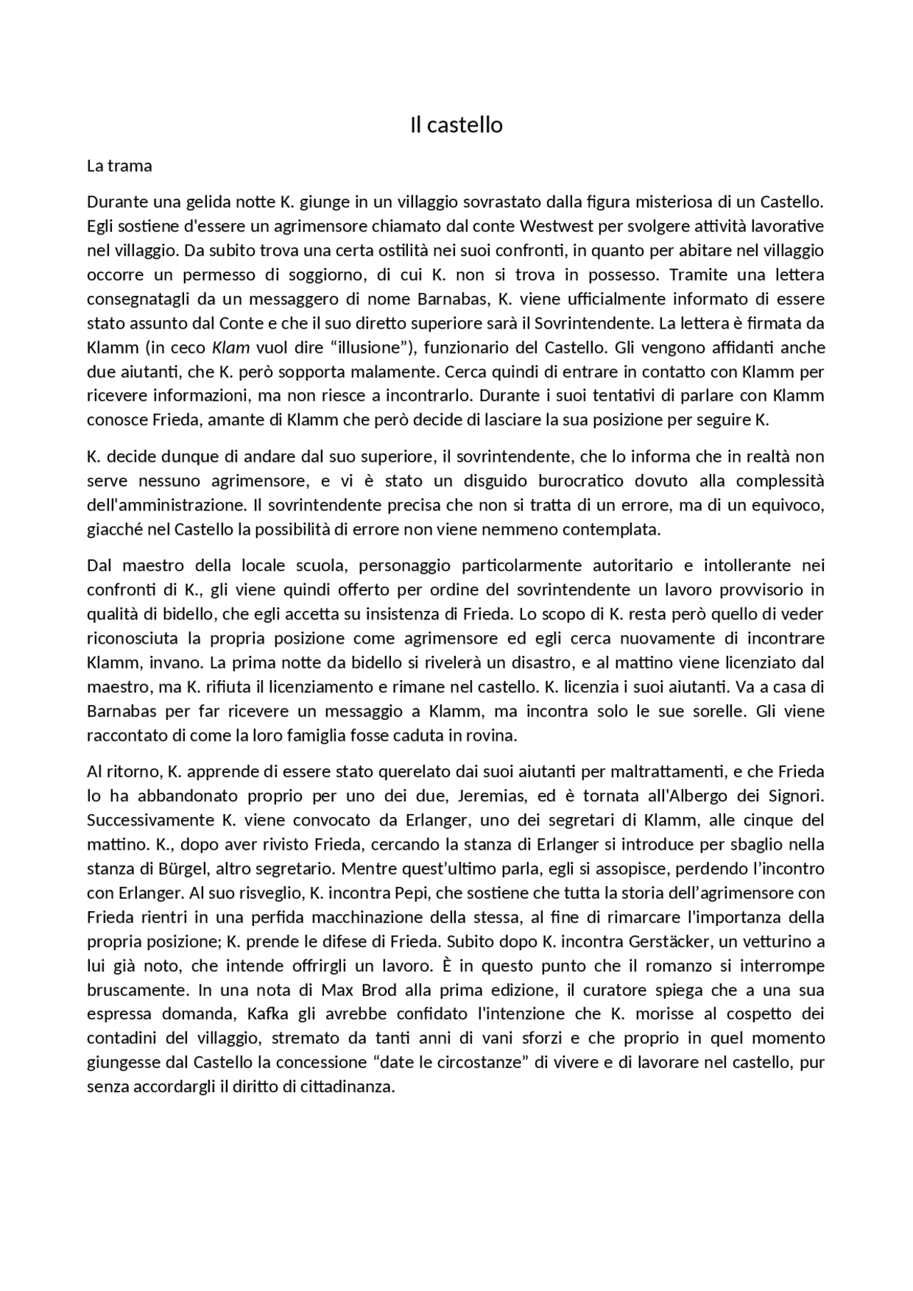 Il Castello Franz Kafka Docsity