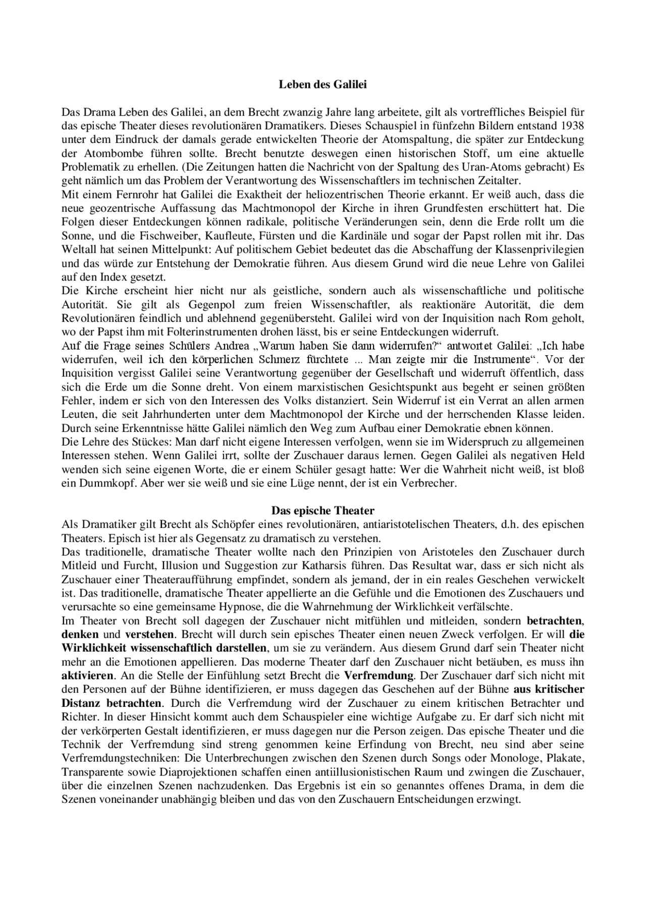 Brecht - Leben des Galilei + Epische Theater - Docsity