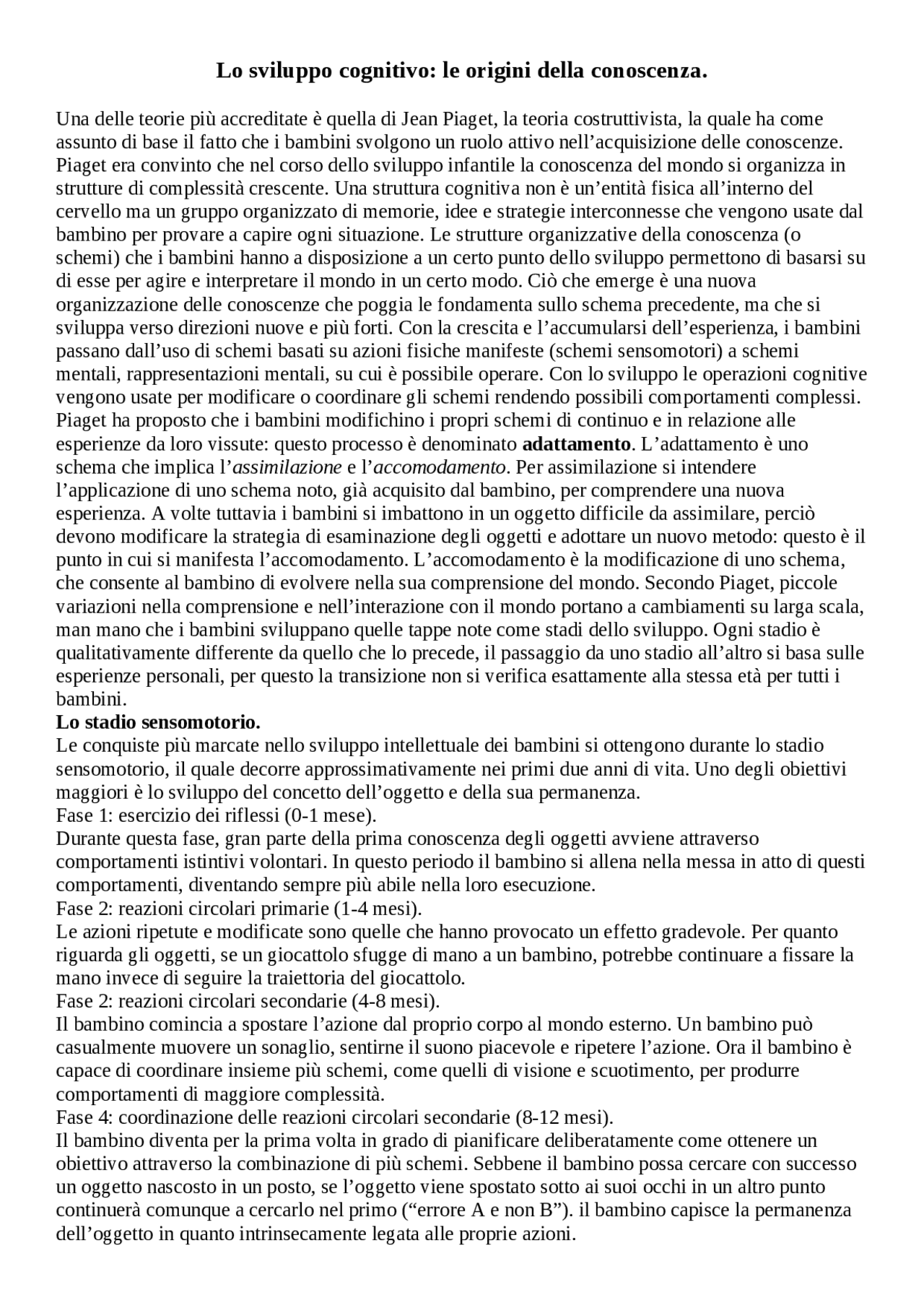 Appunti Sullo Sviluppo Cognitivo Docsity
