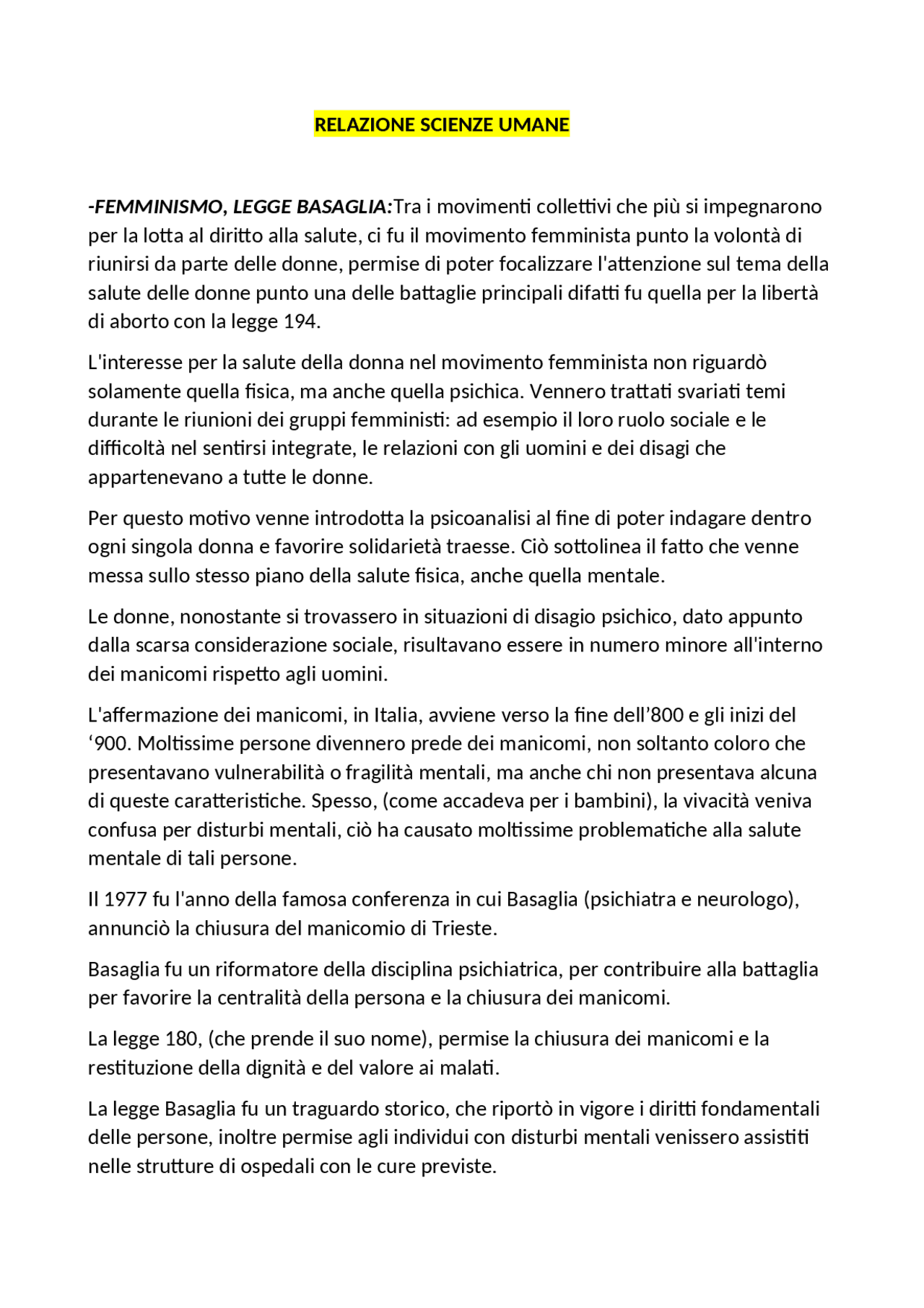 Relazione Scienze Umane Su Femminismo E Legge Basaglia Docsity