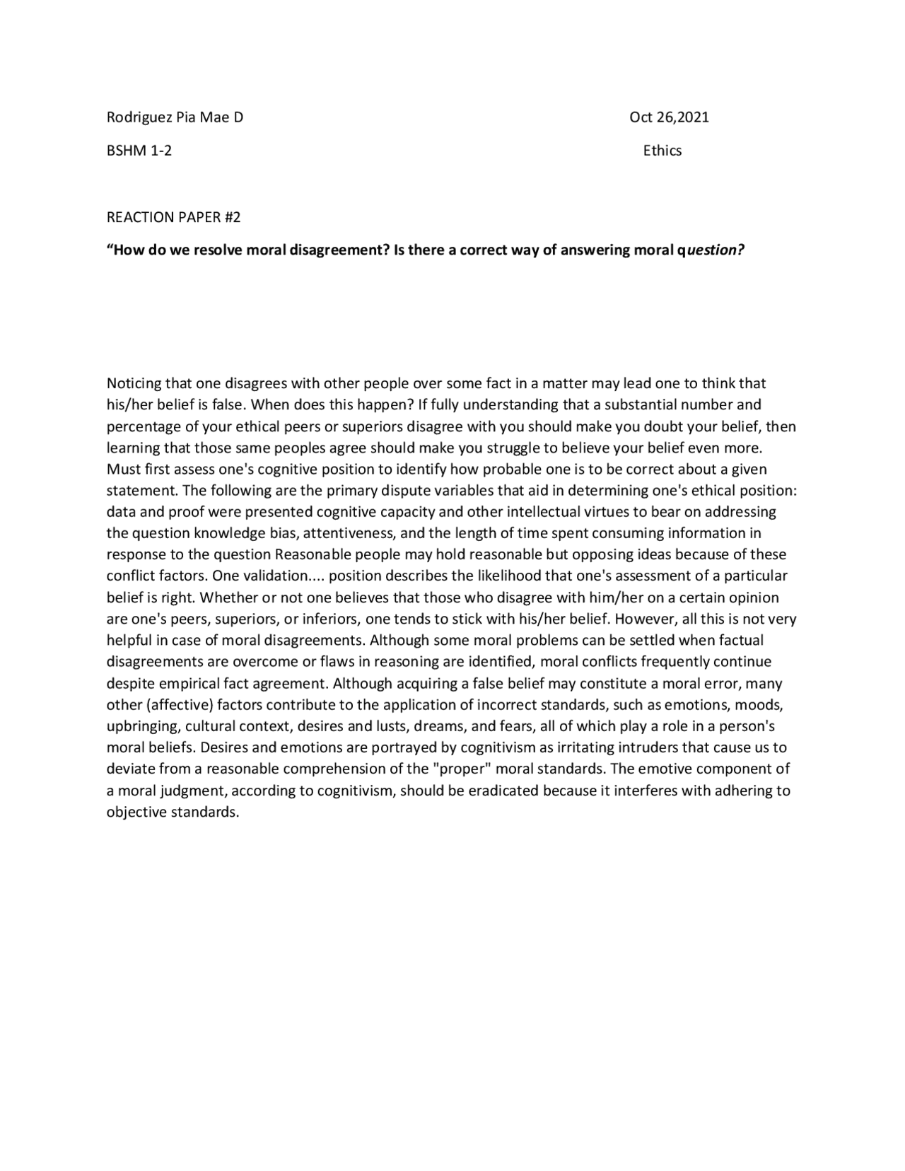 Ethics 2 Reaction Paper Docsity