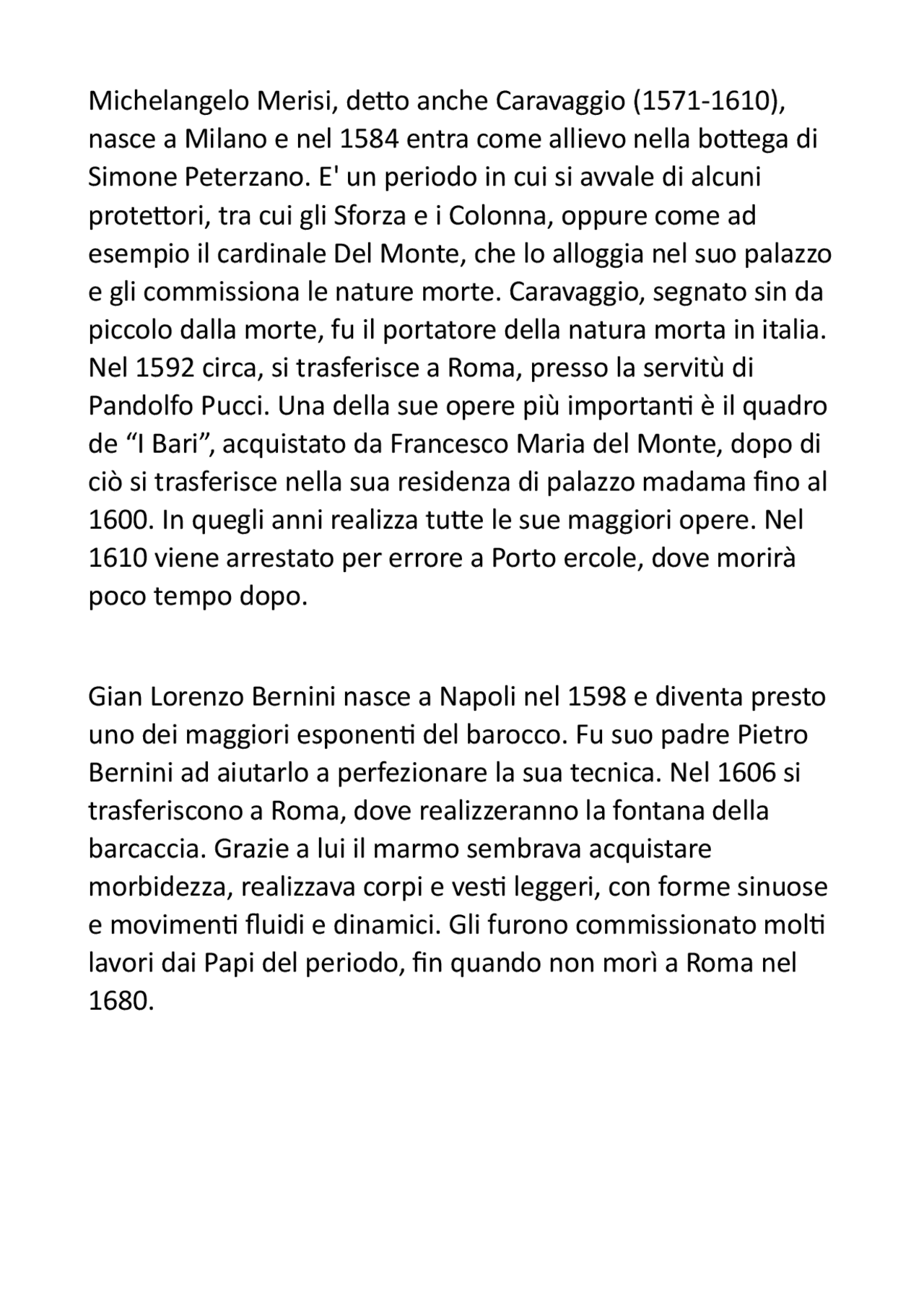 Caravaggio E Bernini Docsity