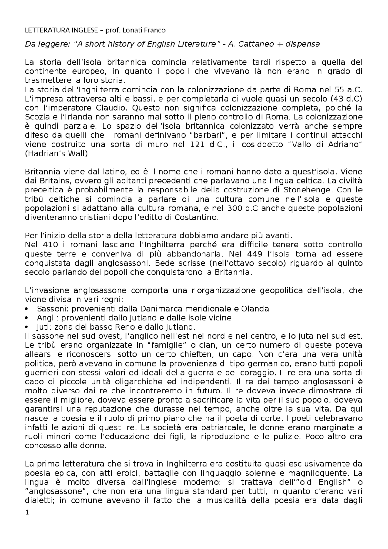 Appunti Letteratura Inglese 1° Semestre Lonati Docsity