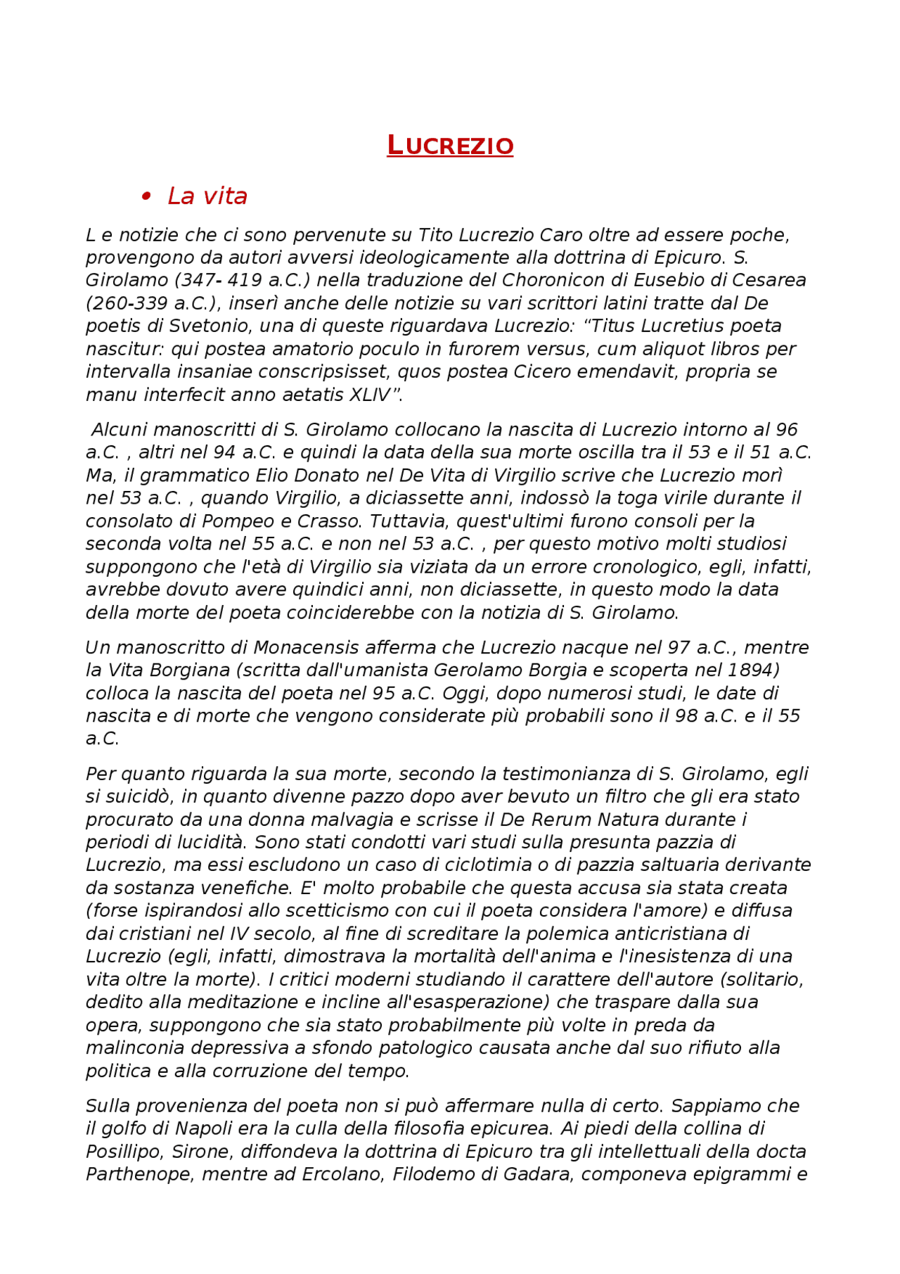 Riassunto Di Tito Lucrezio Caro Docsity