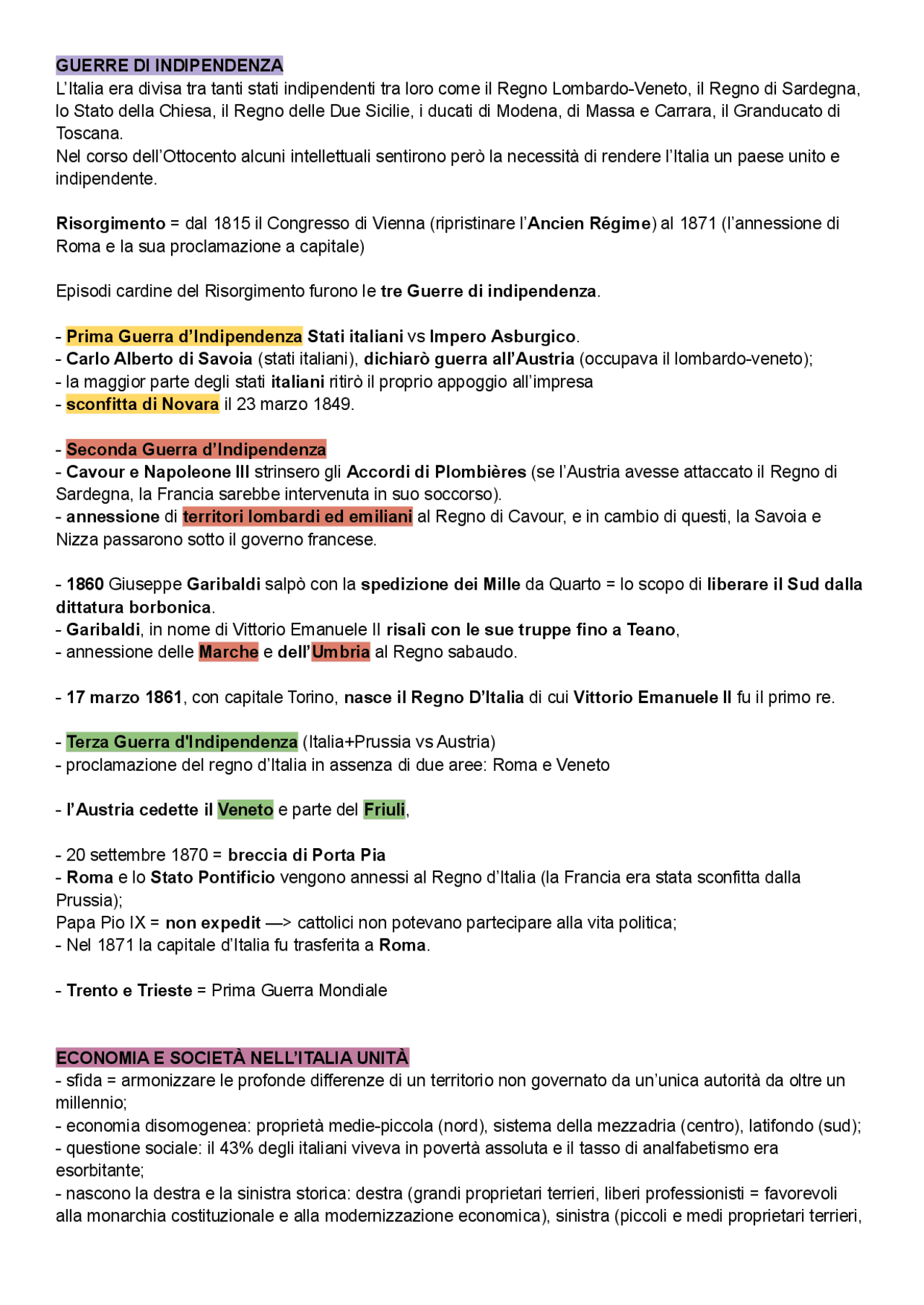 Riassunti Storia Guerre Docsity