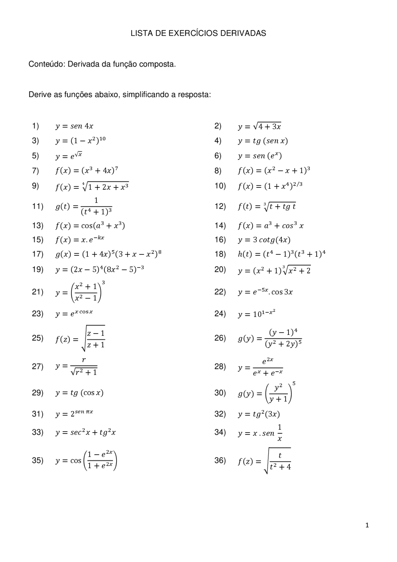 Exercícios cálculo I derivada e integral | Exercícios Cálculo | Docsity