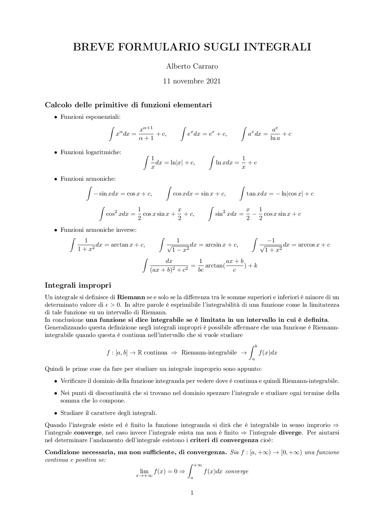 Formulario sugli Integrali - Docsity