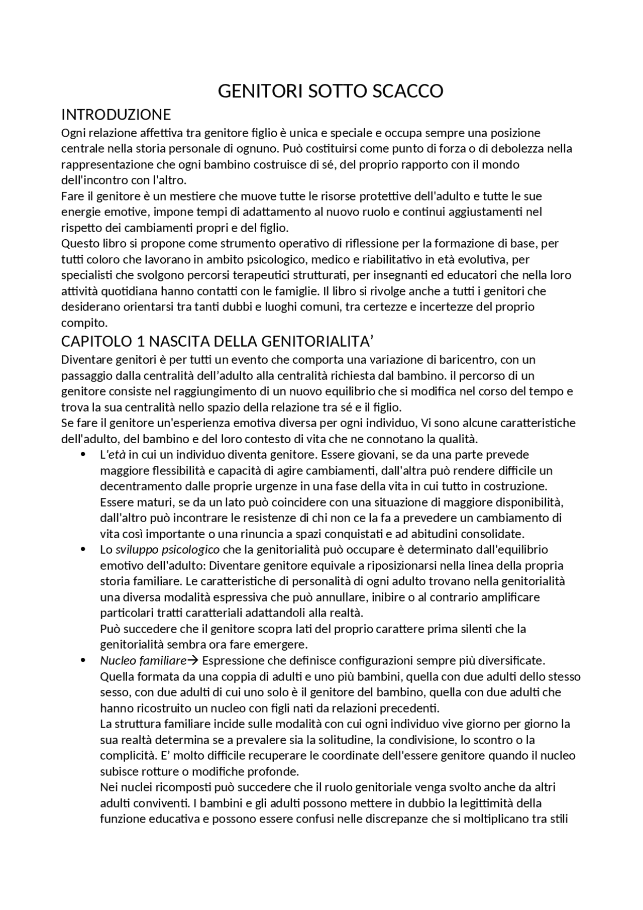 Riassunto Prime Parti Genitori Sotto Scacco Docsity