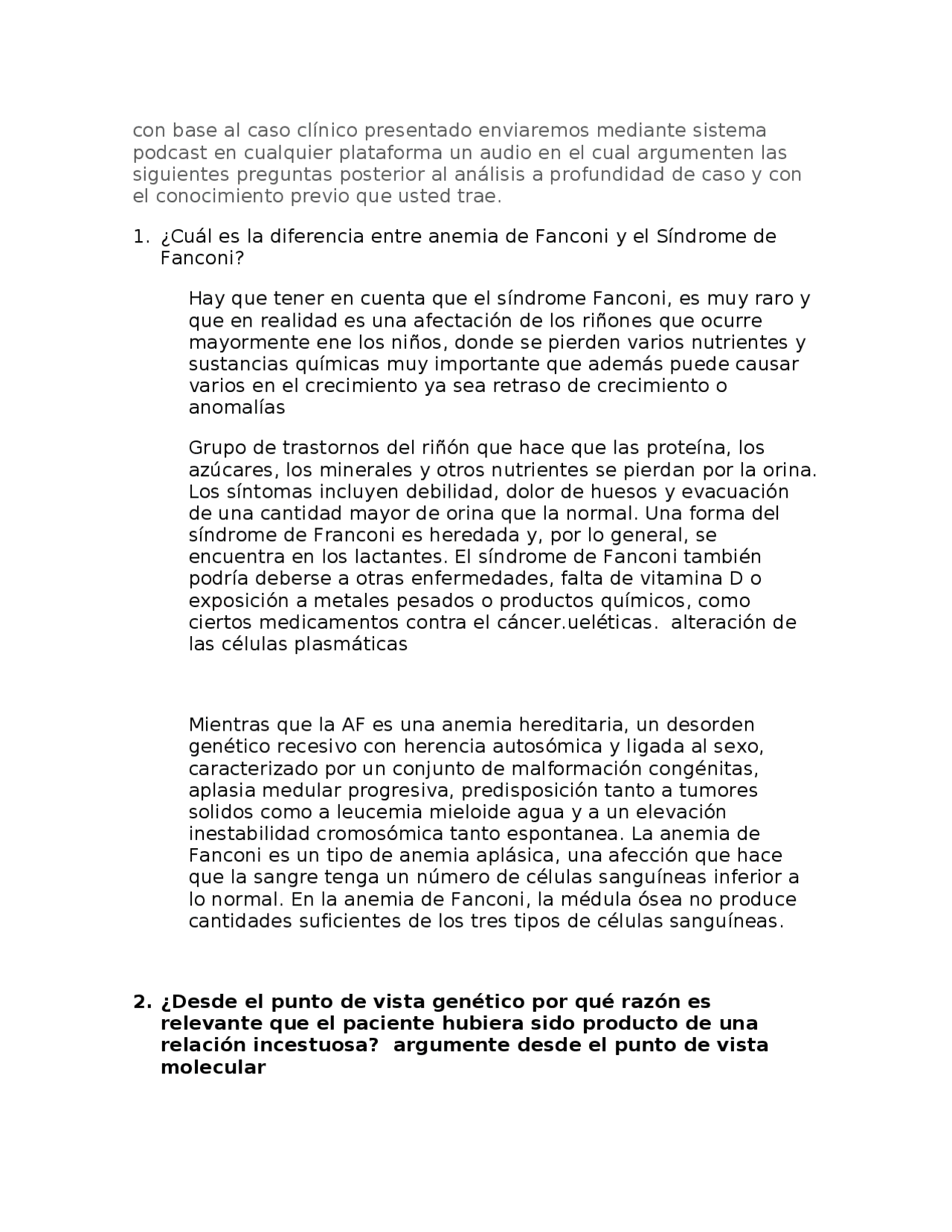 Anemia De Fanconi Y Caso Clinico Ejercicios De Cardiología Docsity