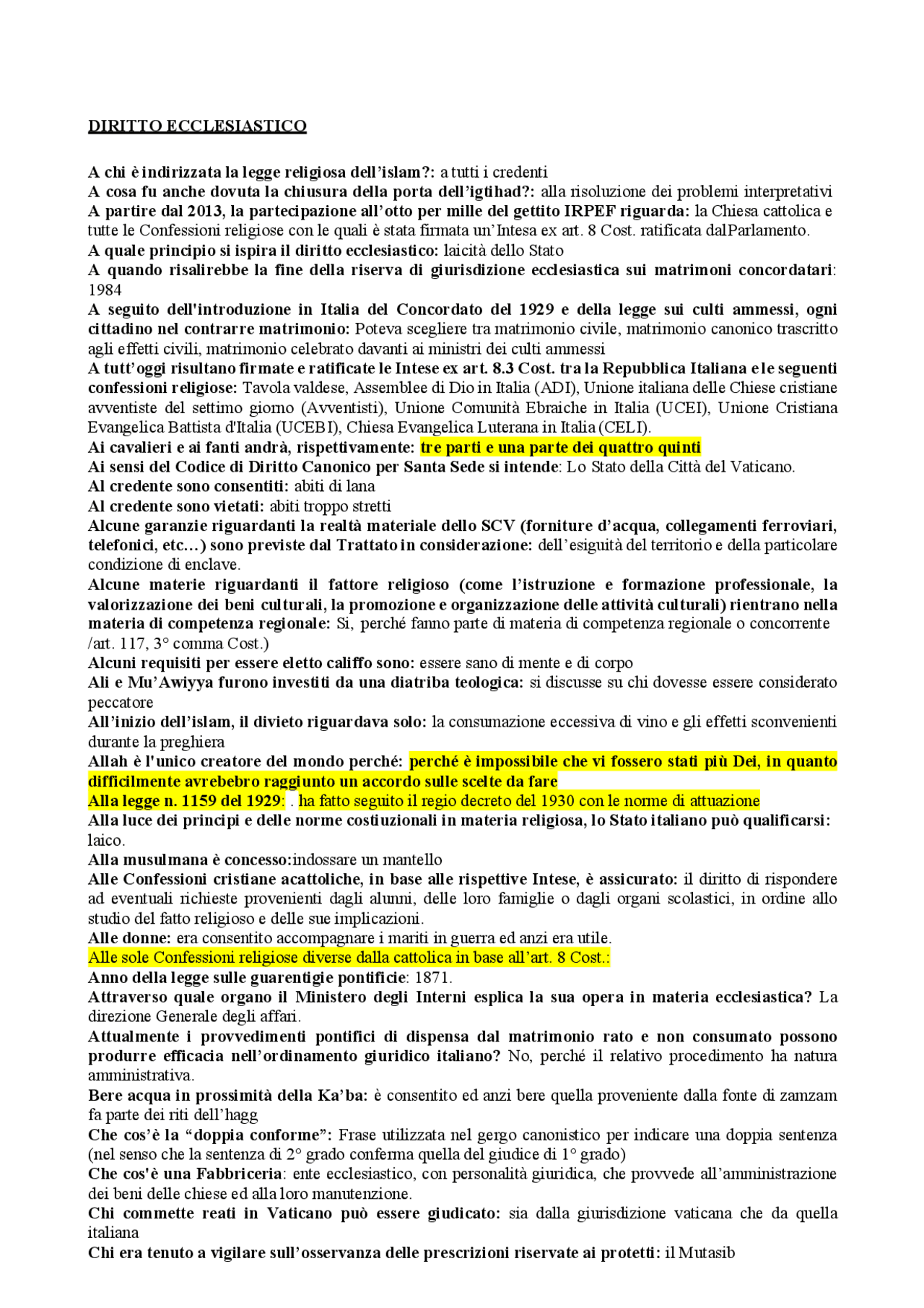 Paniere Di Diritto Ecclesiastico Docsity