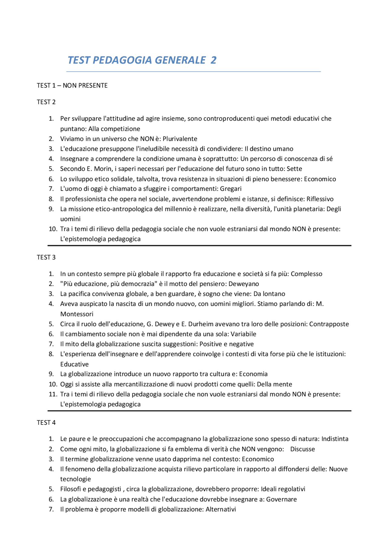 Pedagogia Generale Test Esame Docsity
