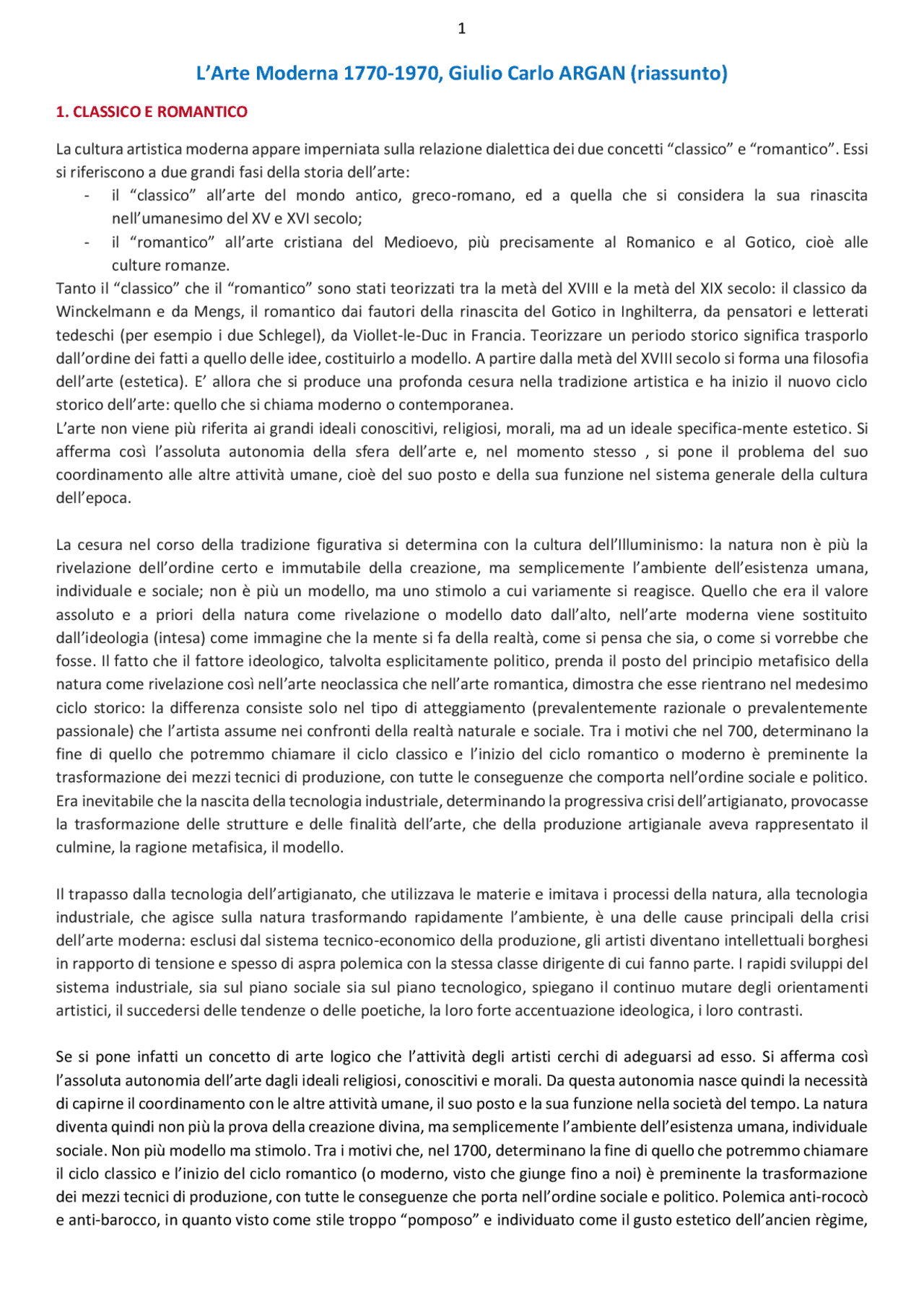 Riassunto De Larte Moderna 1770 1970 Giulio C Argan Docsity