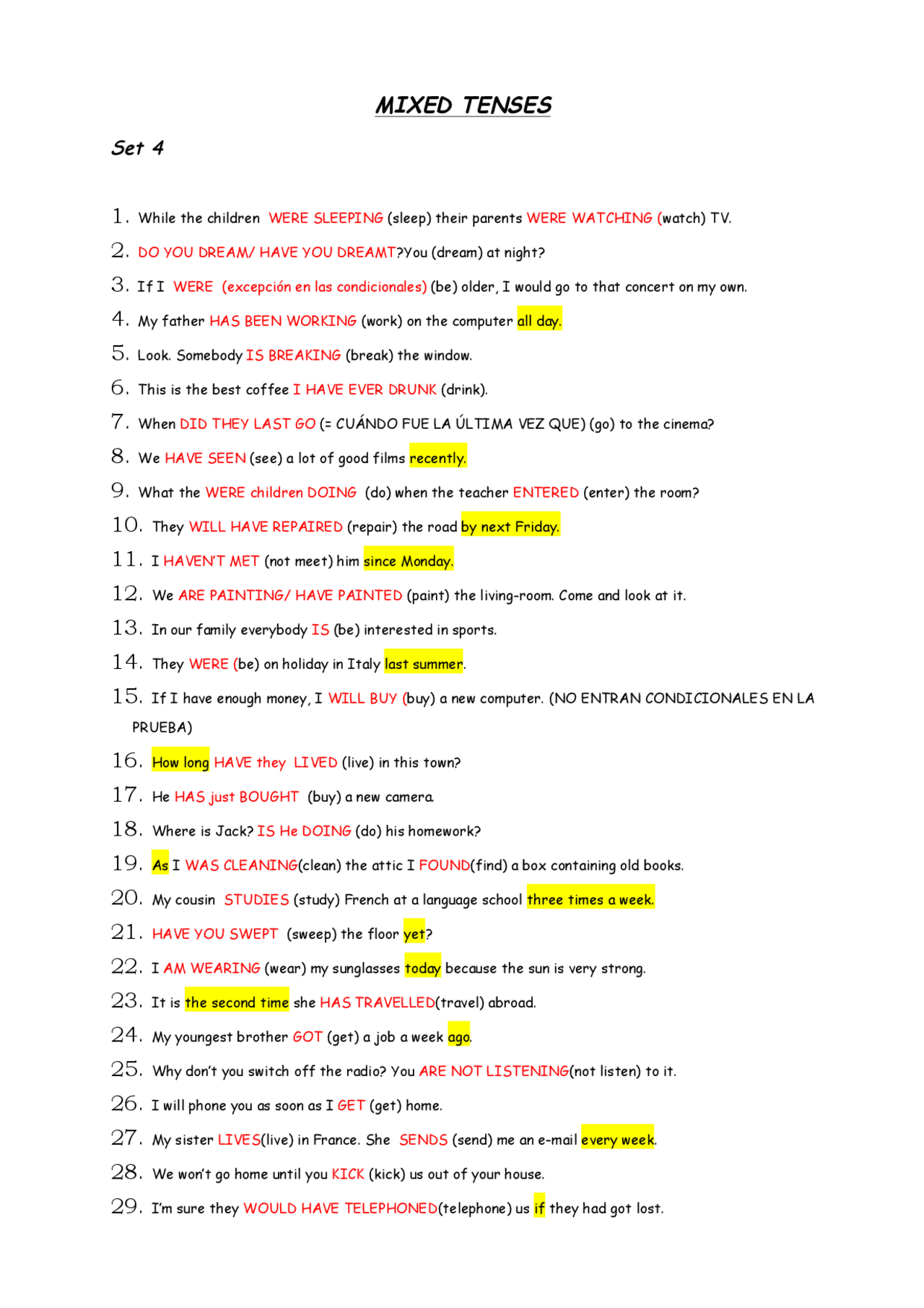Set 4 Answers Mixed Tenses Docsity