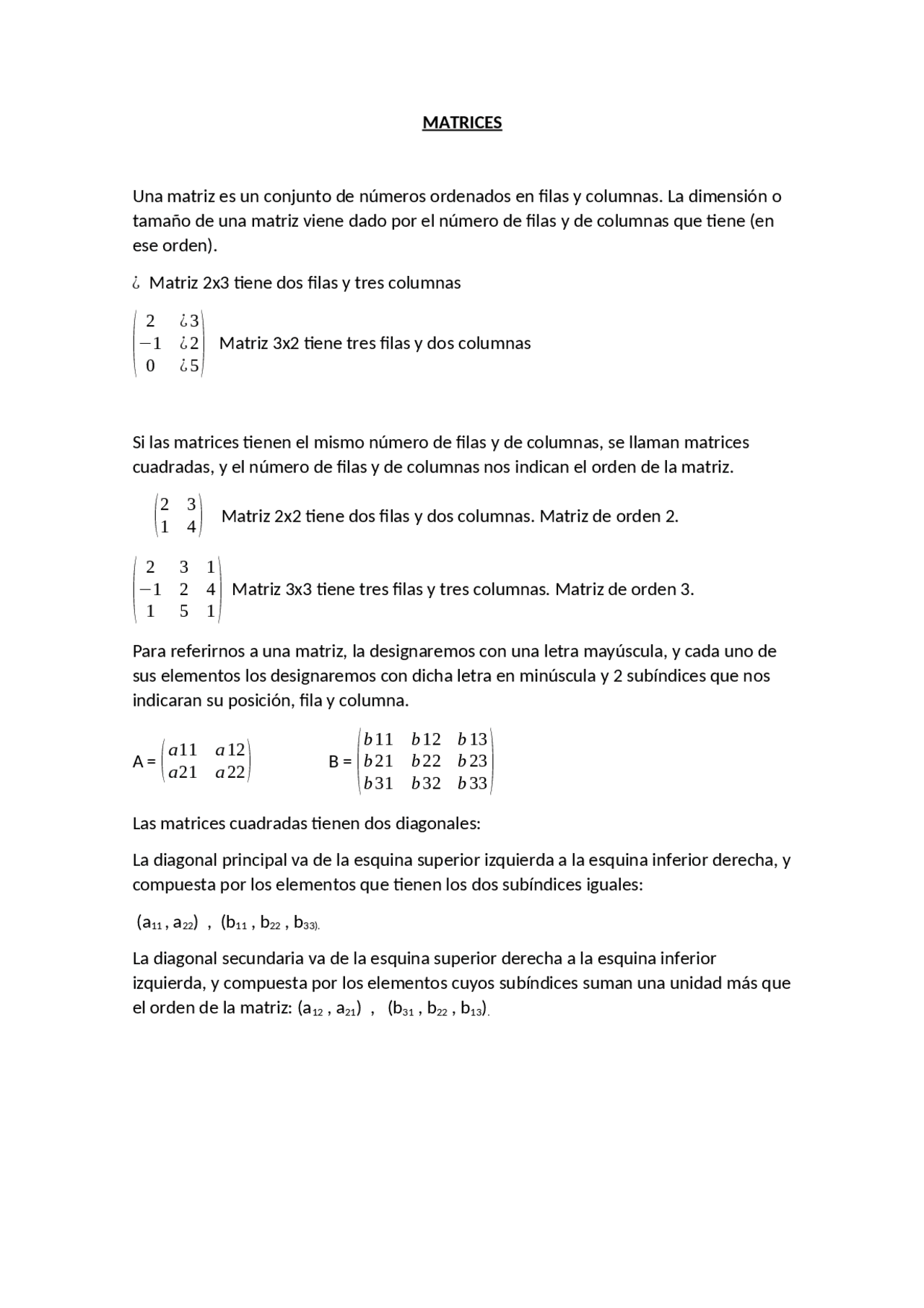 Tema 1 Matemáticas 2 º Bachillerato Matrices.Ejercicios y apuntes - Docsity