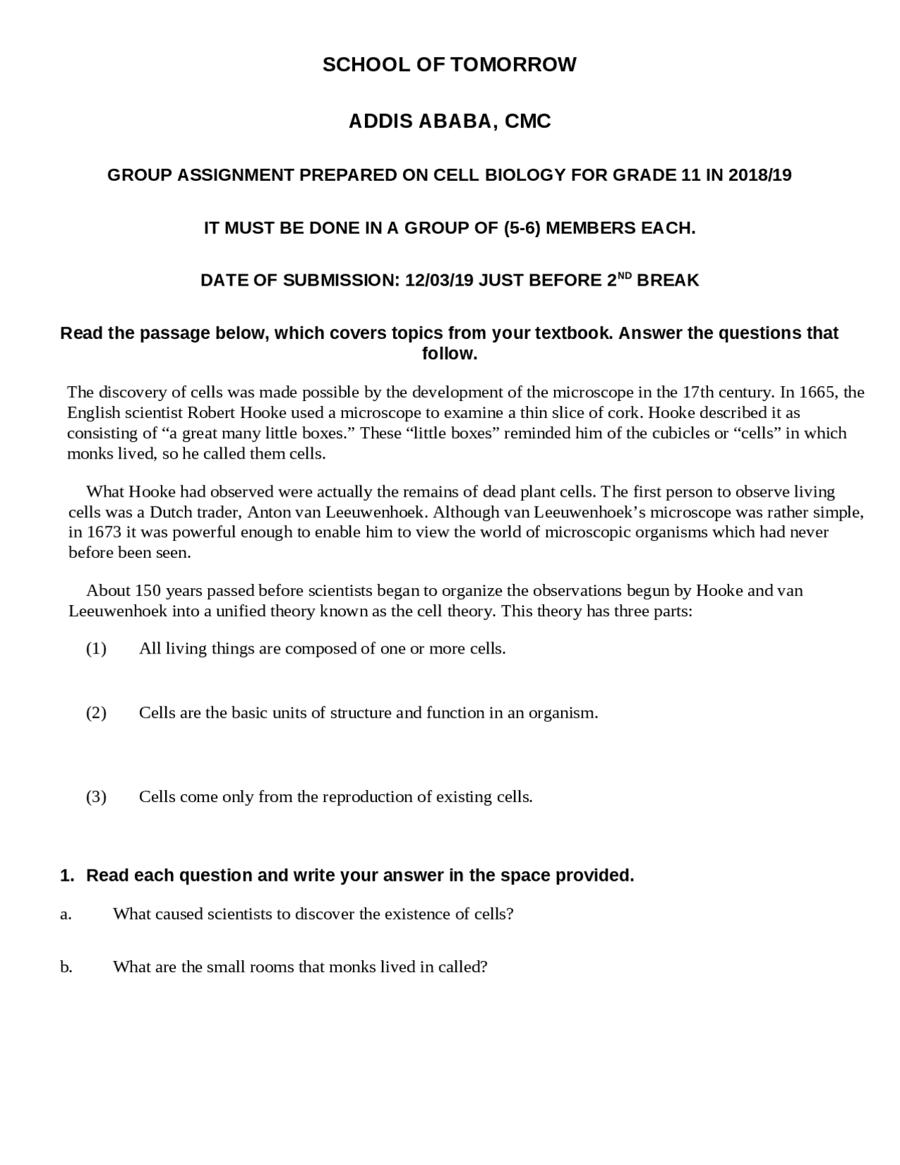Biology Assignment For Grade 11 - Docsity