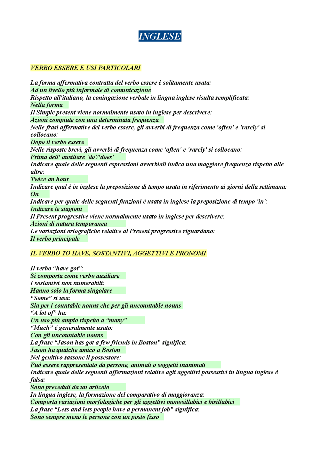 Lingua Inglese Unipegaso Docsity