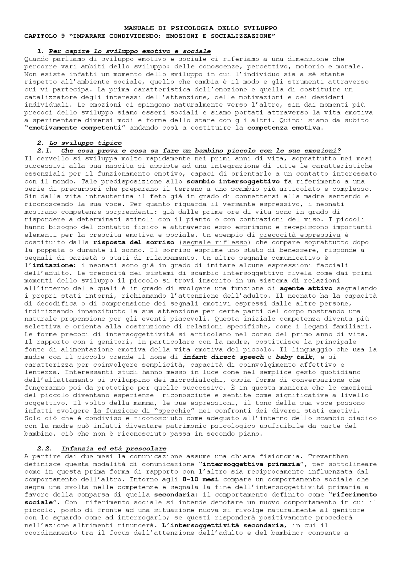 Manuale Di Psicologia Dello Sviluppo Cap 9 10 Docsity