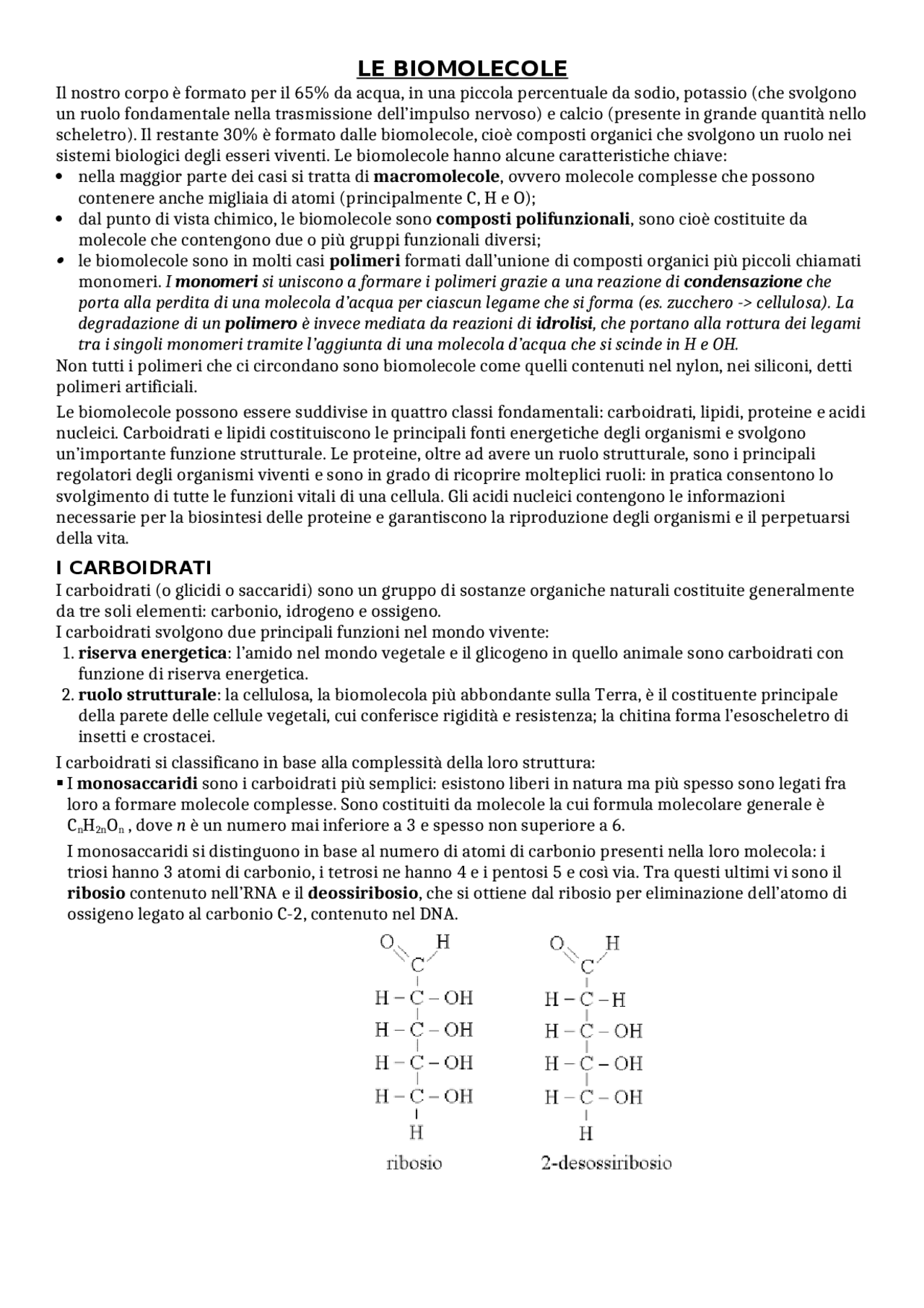 Biomolecole Riassunto Chimica Docsity