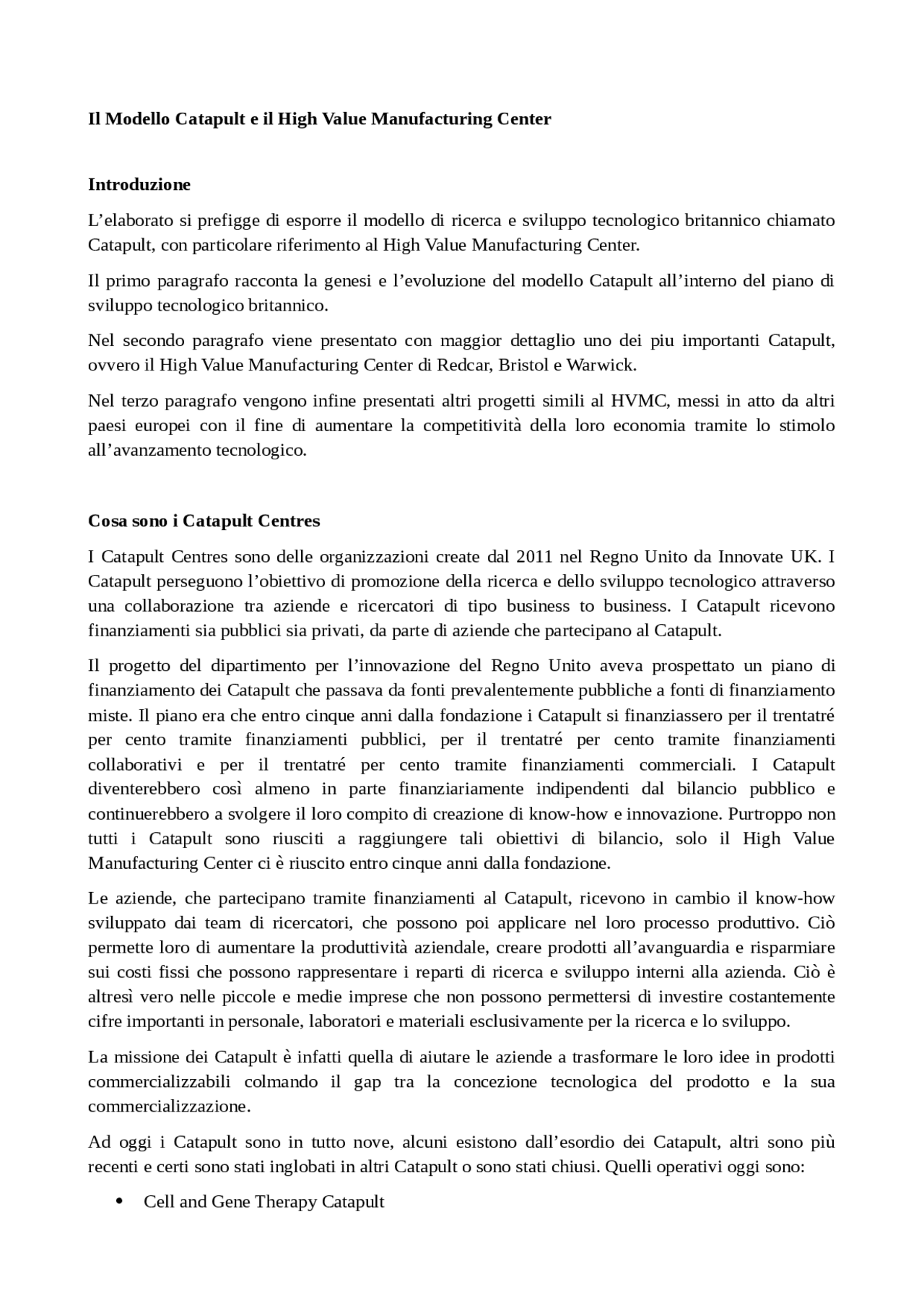 Il Modello Catapult e il High Value Manufacturing Center - Docsity