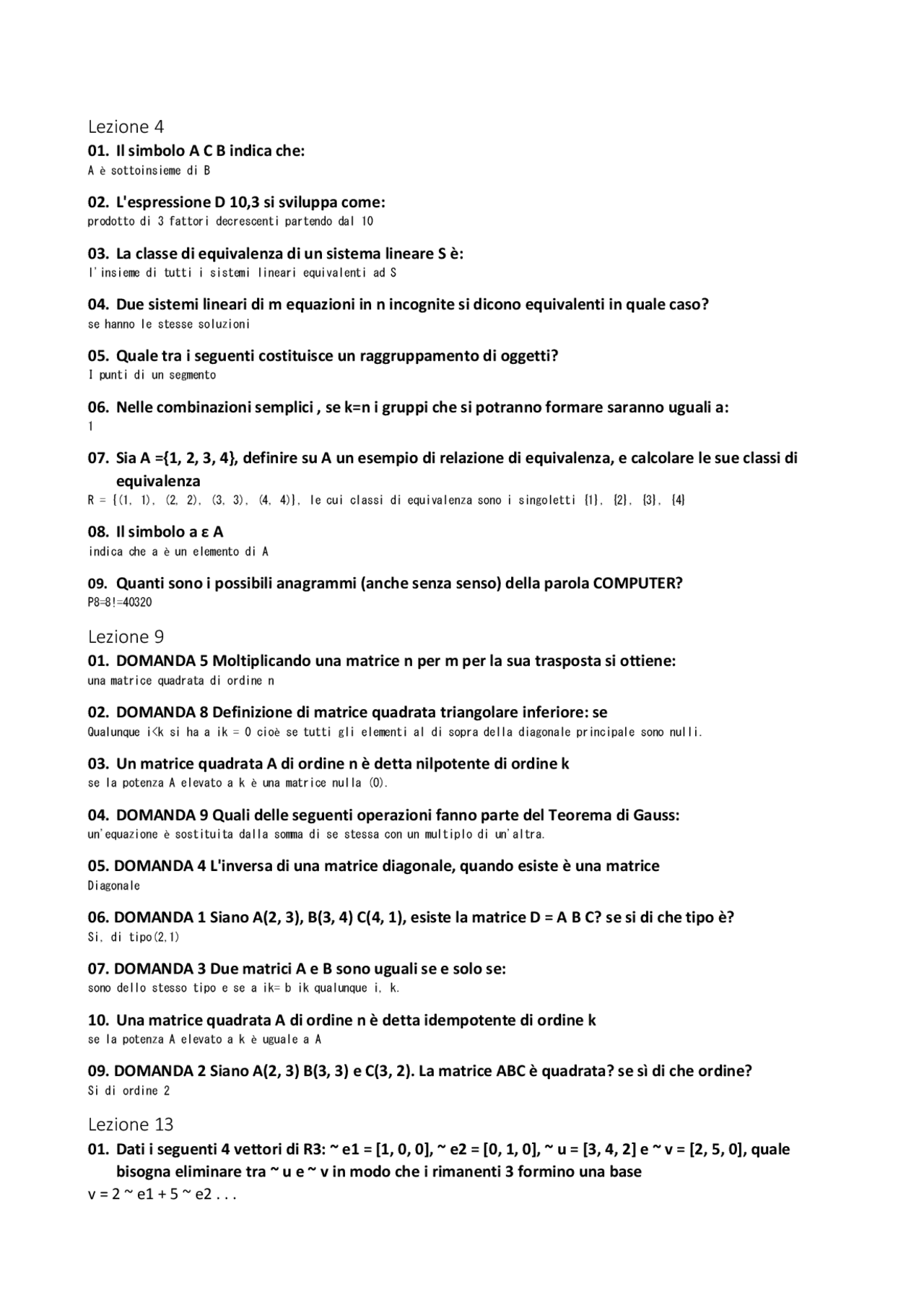 Paniere Algebra Lineare E Geometria Master A20a26 Docsity